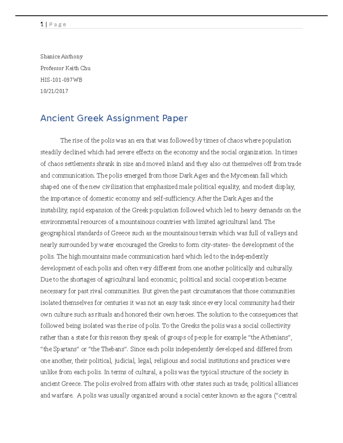 Ancient Greek History Paper - Shanice Anthony Professor Keith Chu HIS ...