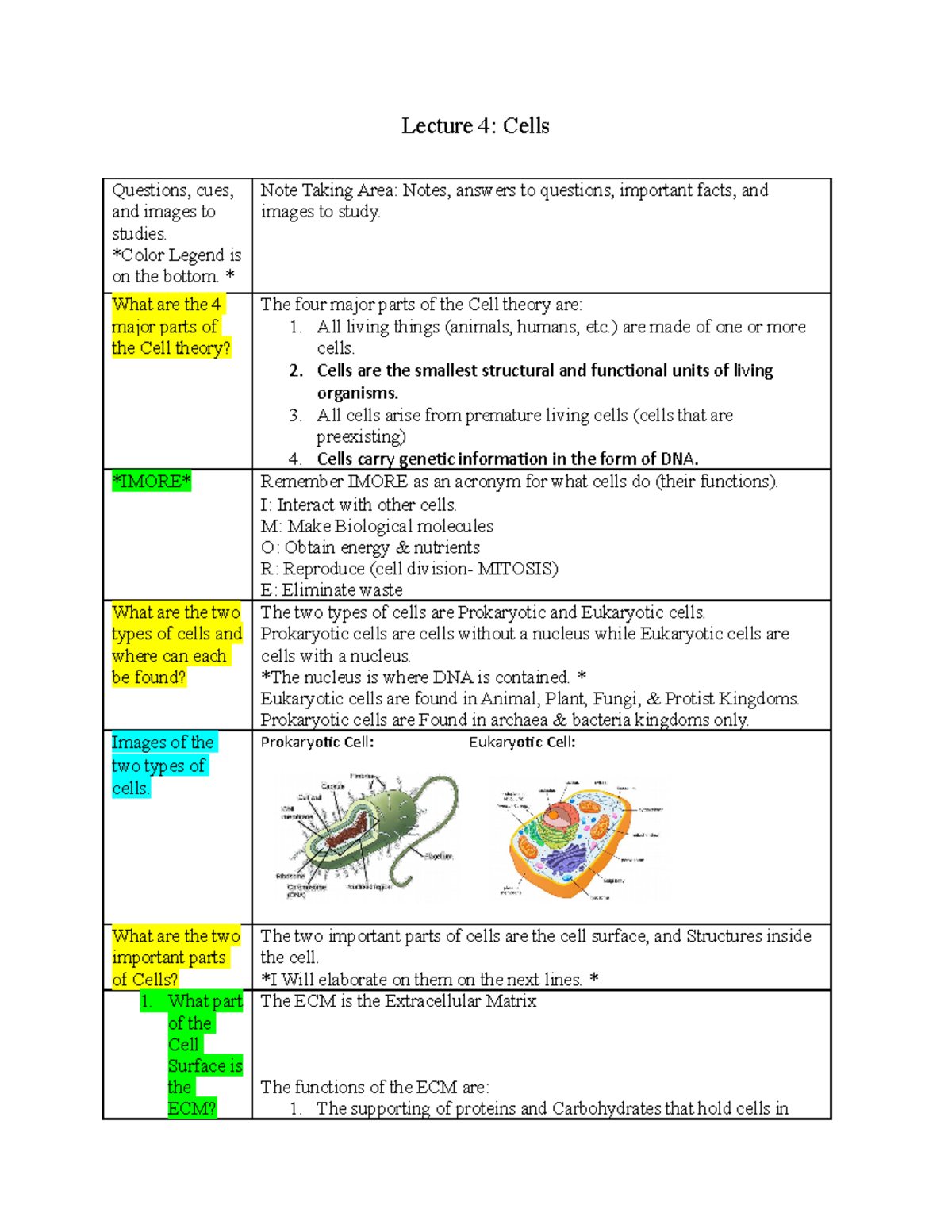 Biology 101- Note-Taking Exercise - Lecture 4: Cells Questions, cues ...