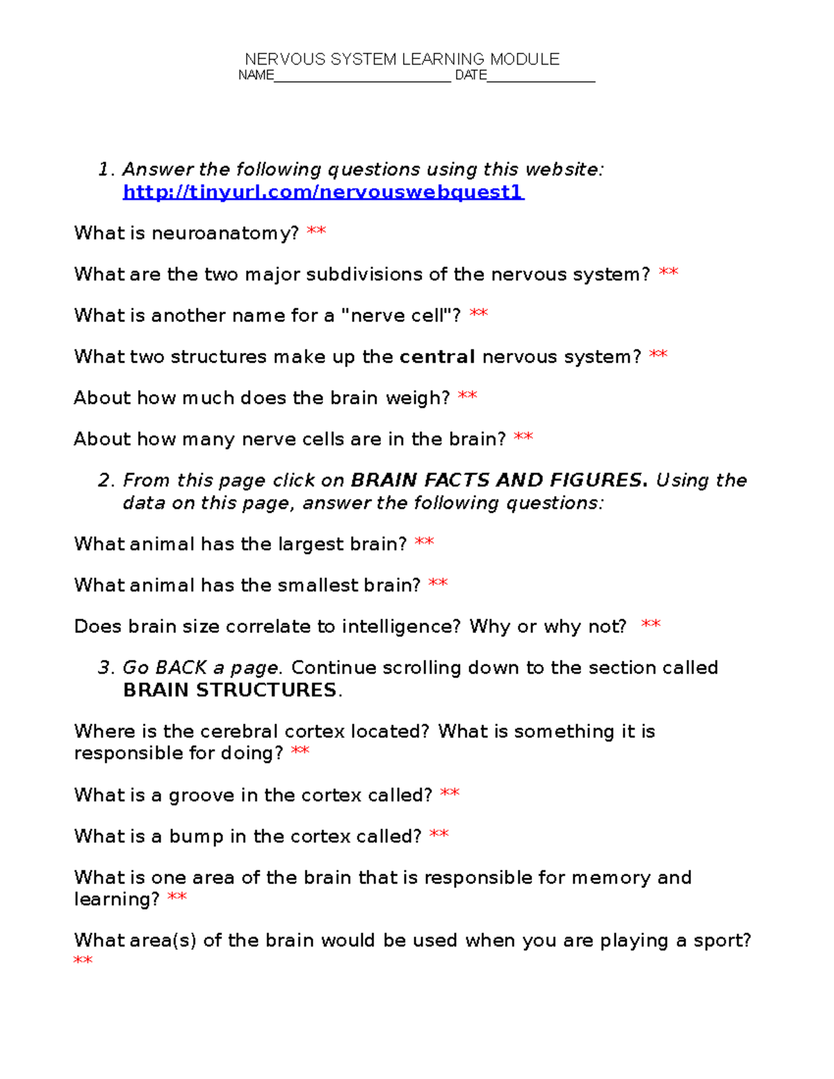 Nervous System Learning Module - NAME__________________________ DATE ...