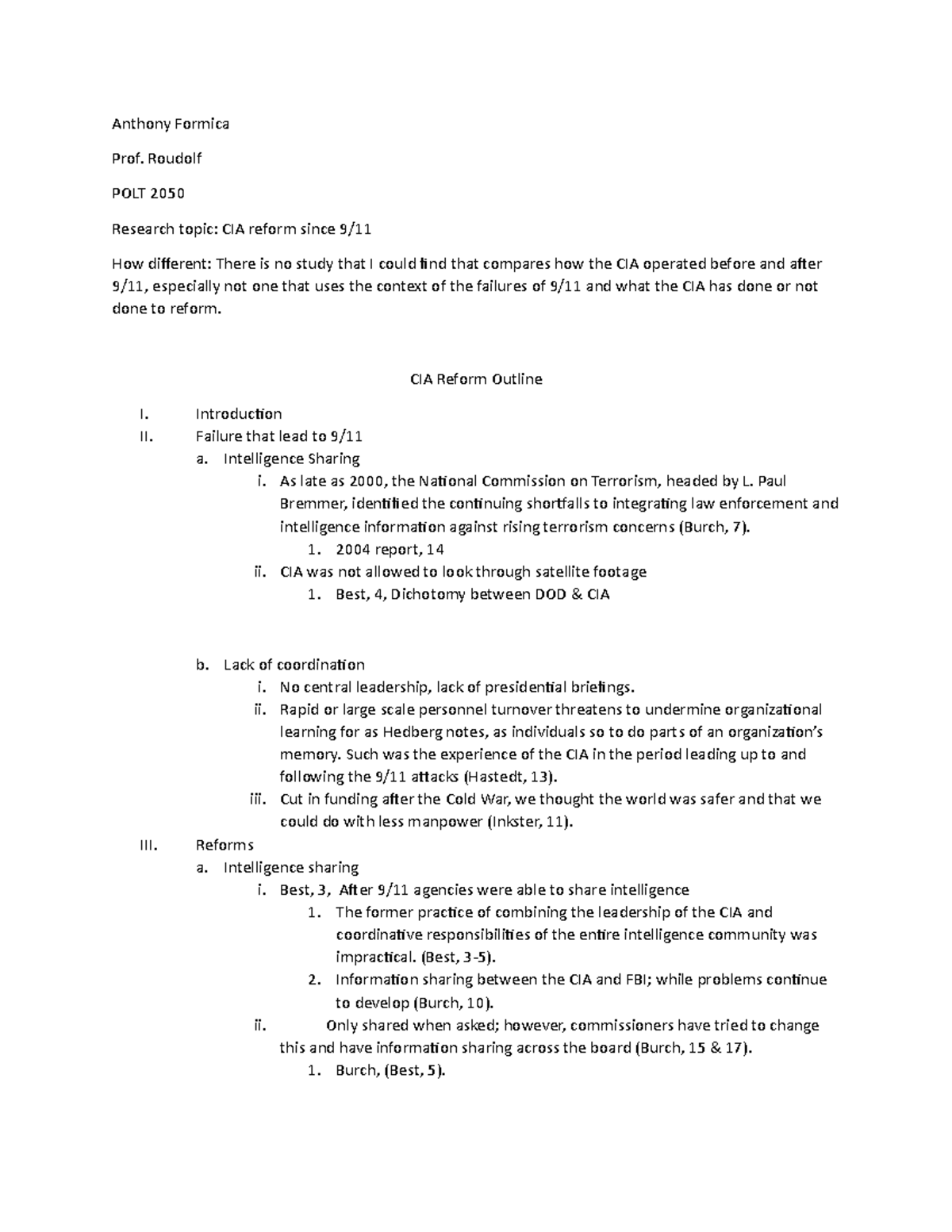 CIA Intelligence Reform outline - Anthony Formica Prof. Roudolf POLT ...