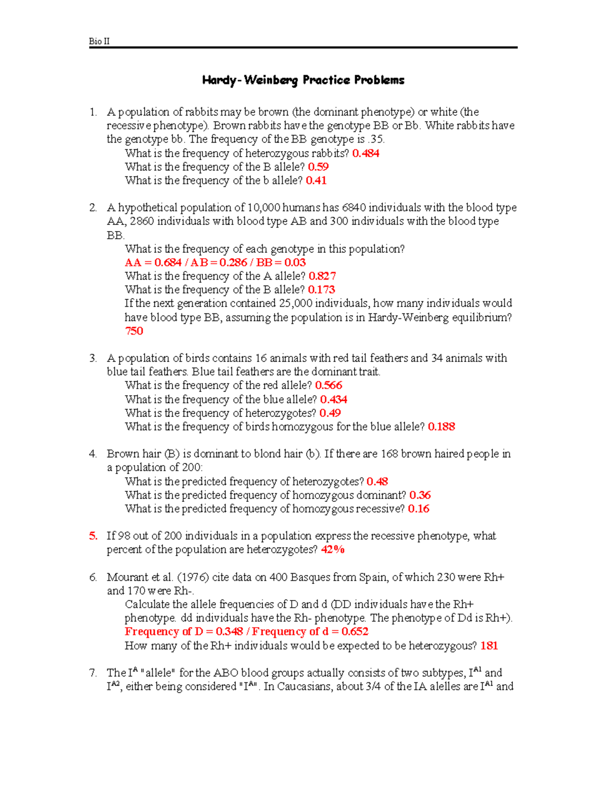 Hardy-Weinberg Practice and answer key - Bio II Hardy-Weinberg Practice ...
