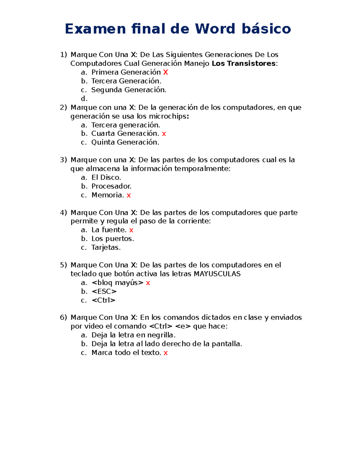 Examen Final DE WORD Basico Terminado - Marque Con Una X: De Las ...