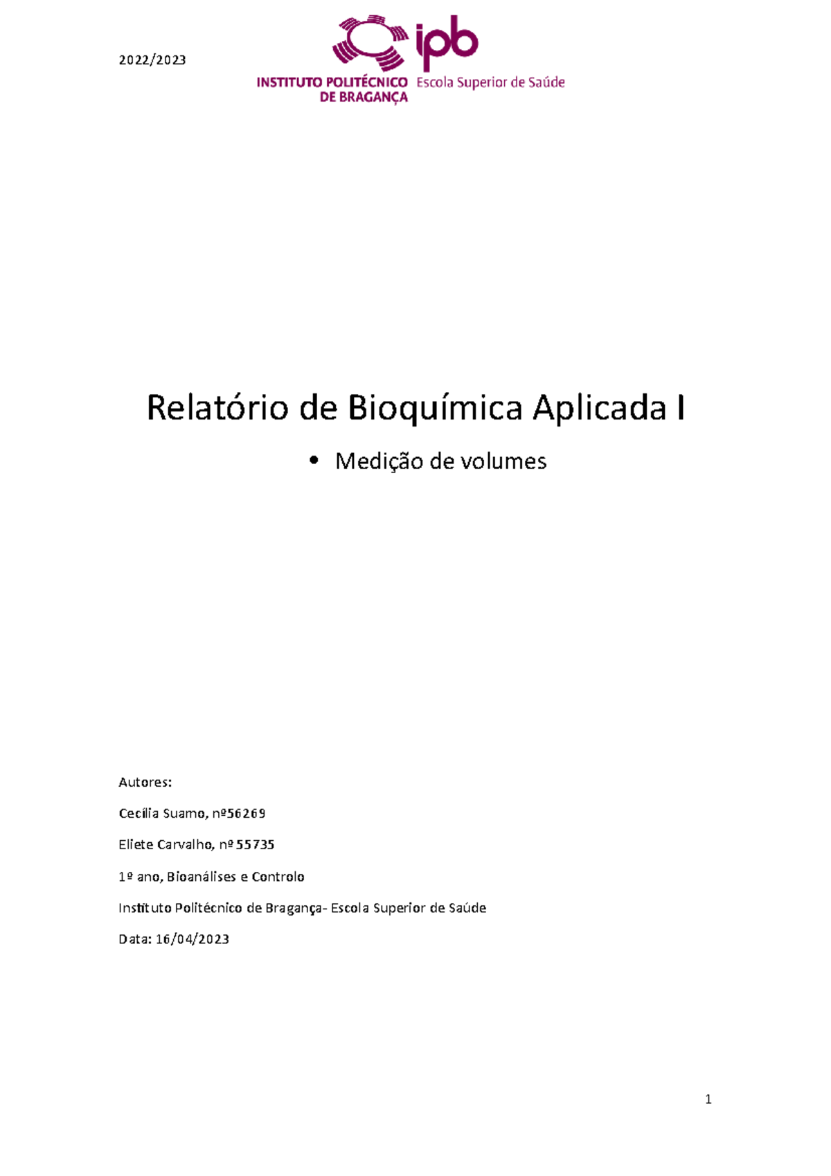 2º Relatório de Bioquímica Aplicada I - Relatório de Bioquímica ...