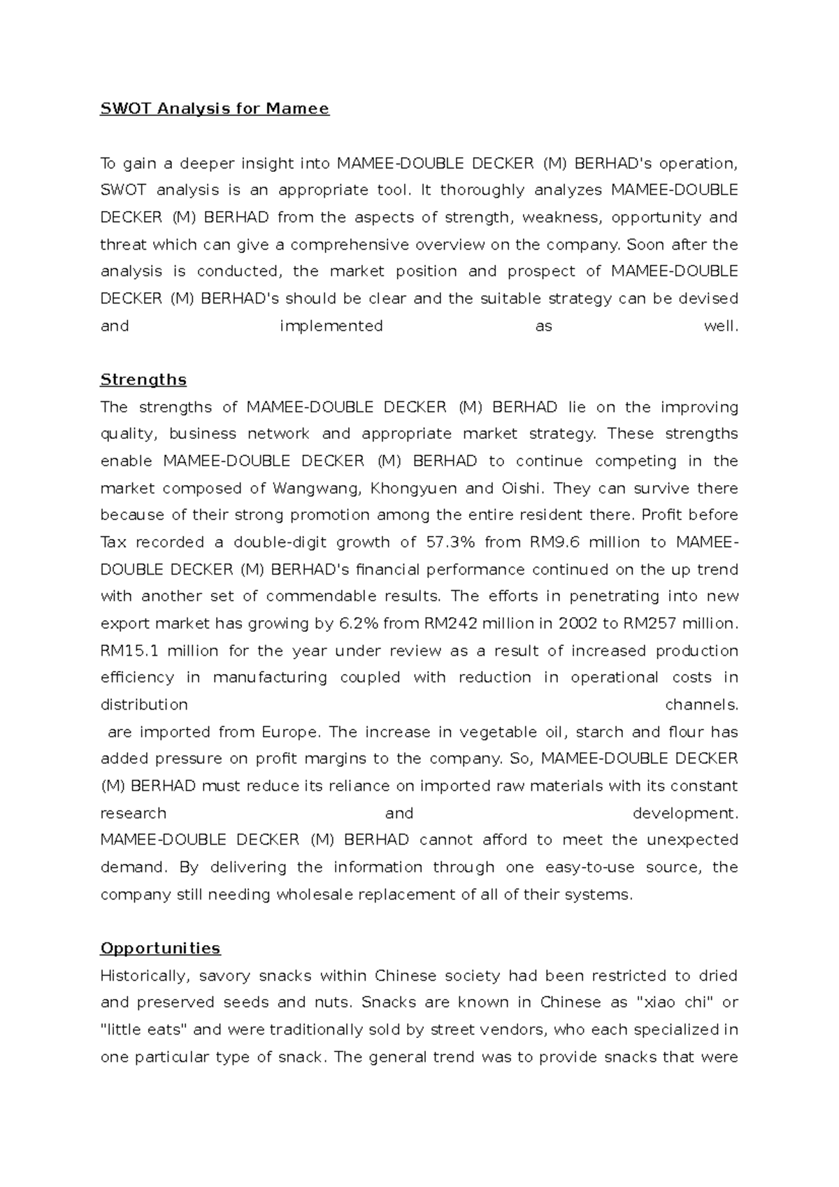 Pdfcoffee - ........ - SWOT Analysis for Mamee To gain a deeper insight into MAMEE-DOUBLE DECKER ...