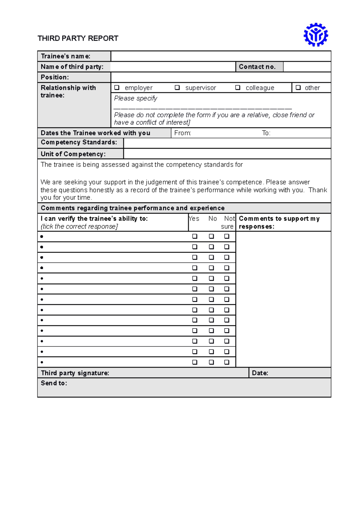 Third Party Report blank form - THIRD PARTY REPORT Trainee’s name: Name ...