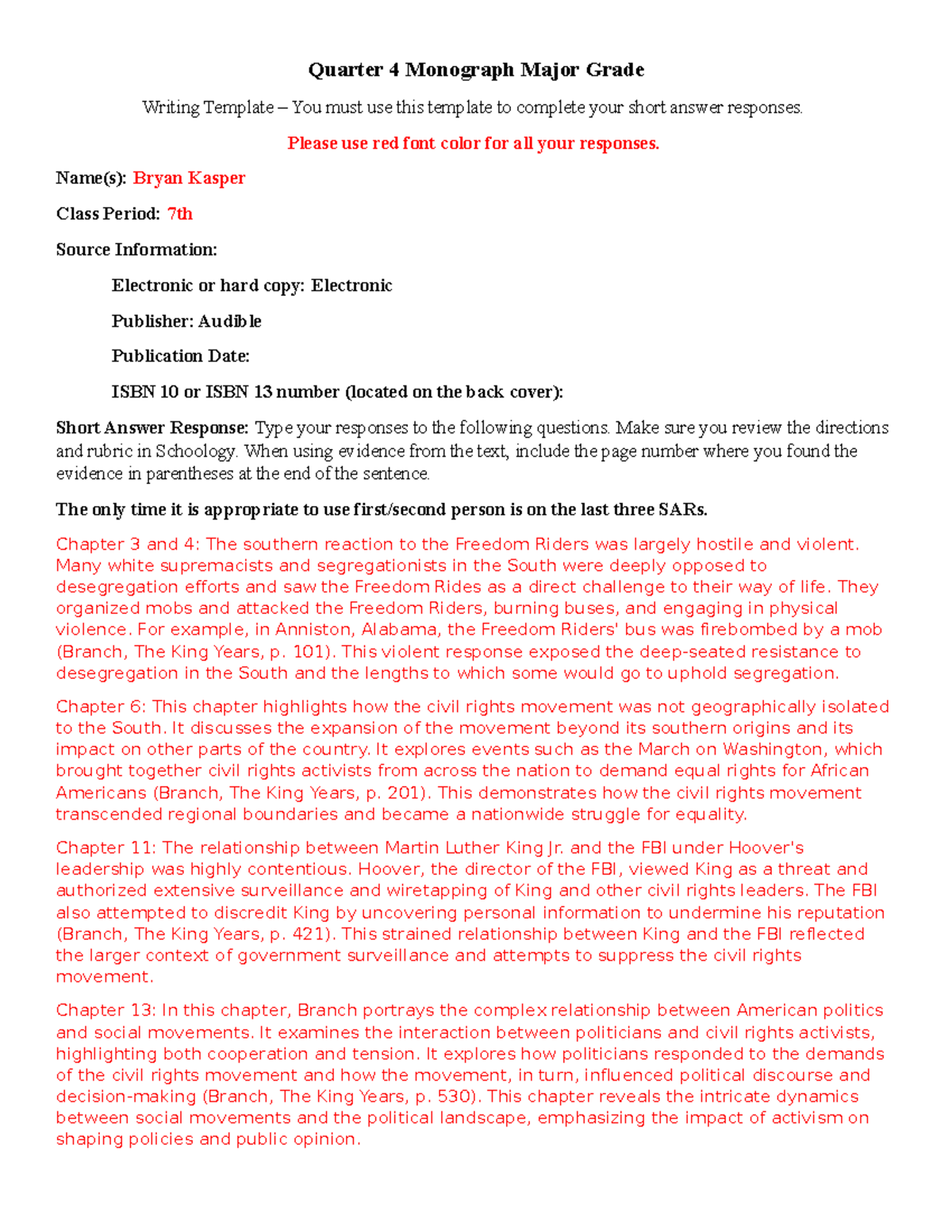 King Years Writing Template - Quarter 4 Monograph Major Grade Writing ...