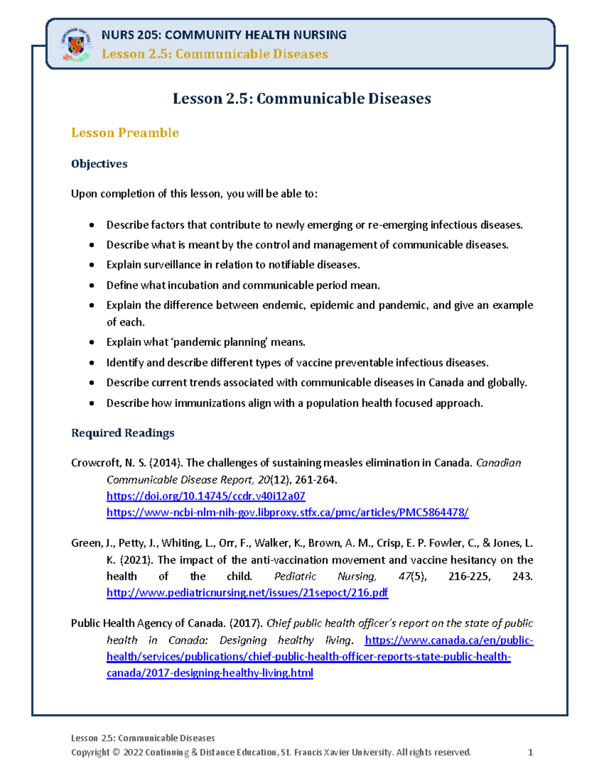 NURS 205-202320 Lesson 2 - Lesson 2: Communicable Diseases Lesson 2 ...
