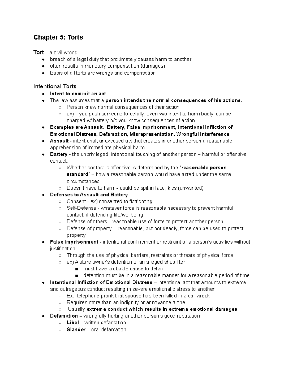 LGS - 2 28 18 - Lecture notes 9 - Chapter 5: Torts Tort – a civil wrong ...