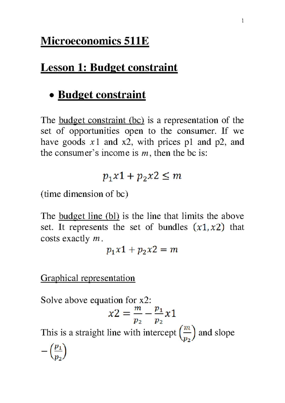 Consumer Theory Note - REVISION - Microeconomics 511E Lesson 1 : Budget ...