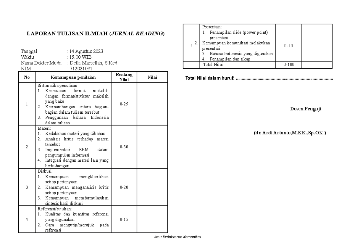 Form IKK Ujian Journal Reading Della Marsellah NIM 712021091 - LAPORAN TULISAN ILMIAH (JURNAL ...