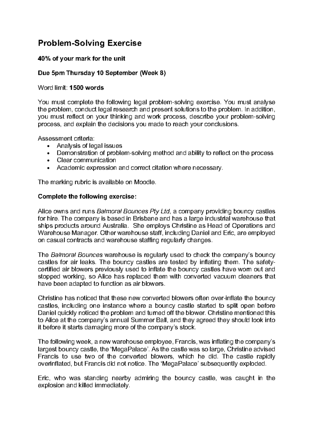 Problem-Solving Exercise - You must analyse the problem, conduct legal ...