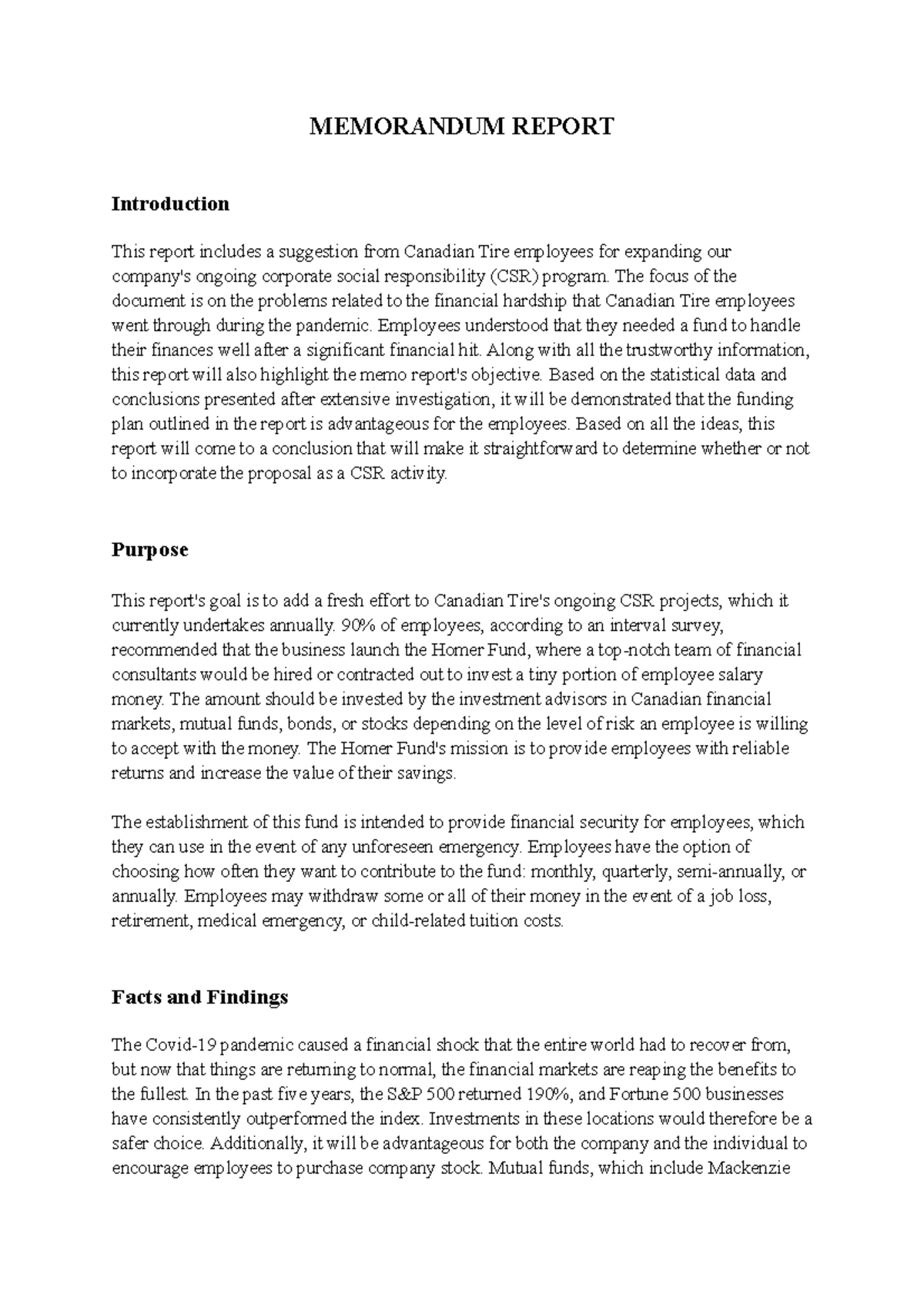 Memo Report - MEMORANDUM REPORT Introduction This report includes a ...