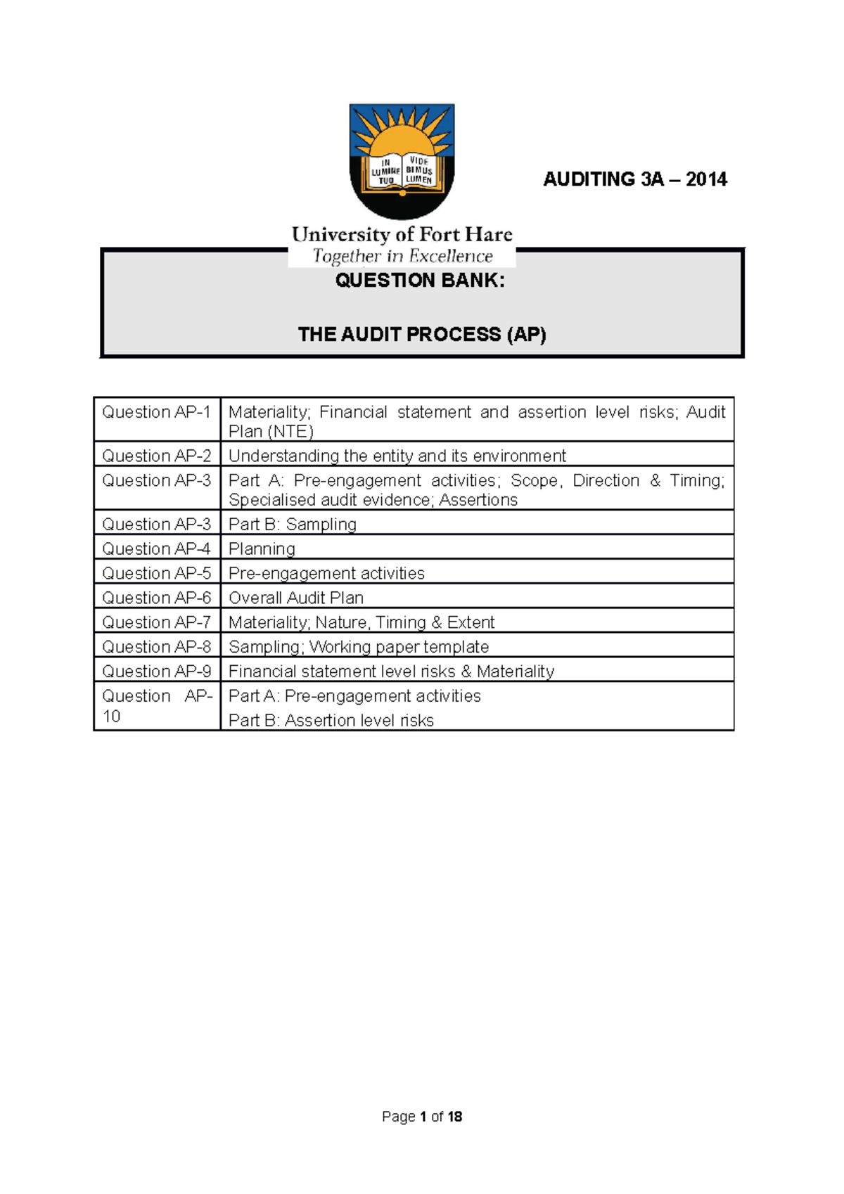 Audit- Process-Questions - AUDITING 3A – 2014 QUESTION BANK: THE AUDIT ...