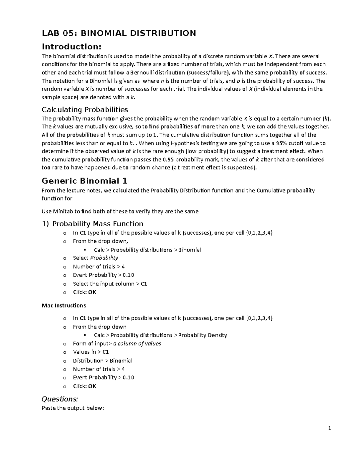 Lab 5 Manual in class - LAB 05: BINOMIAL DISTRIBUTION Introduction: The ...