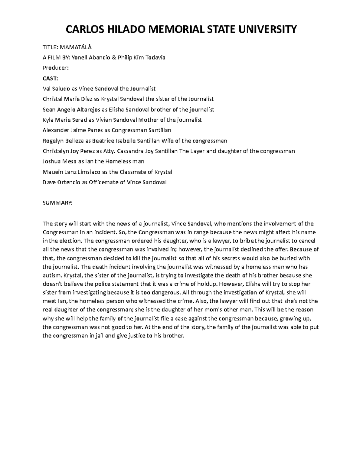 Mamatálà Summary - filipino - CARLOS HILADO MEMORIAL STATE UNIVERSITY ...