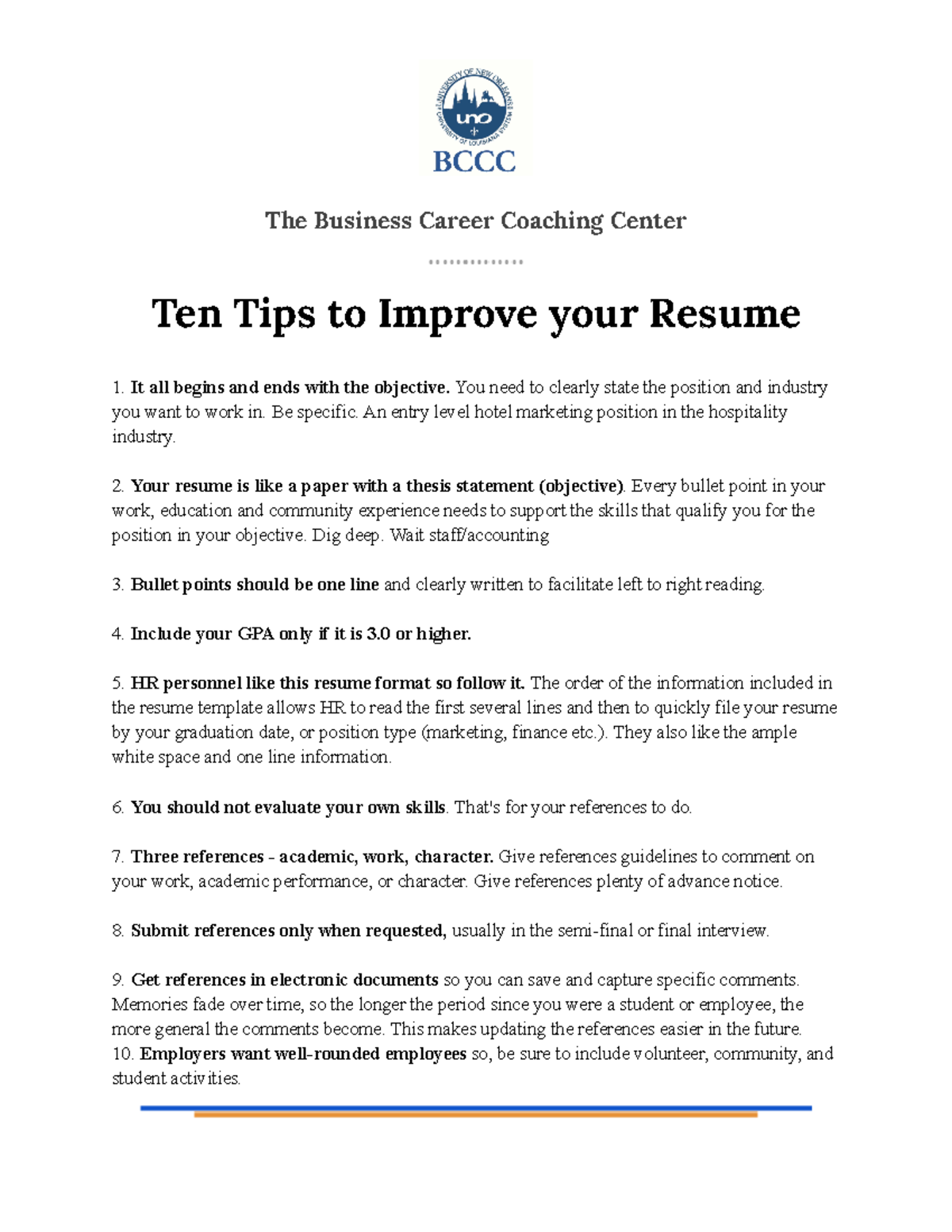 Resume Tips 1 - The Business Career Coaching Center Ten Tips to Improve ...