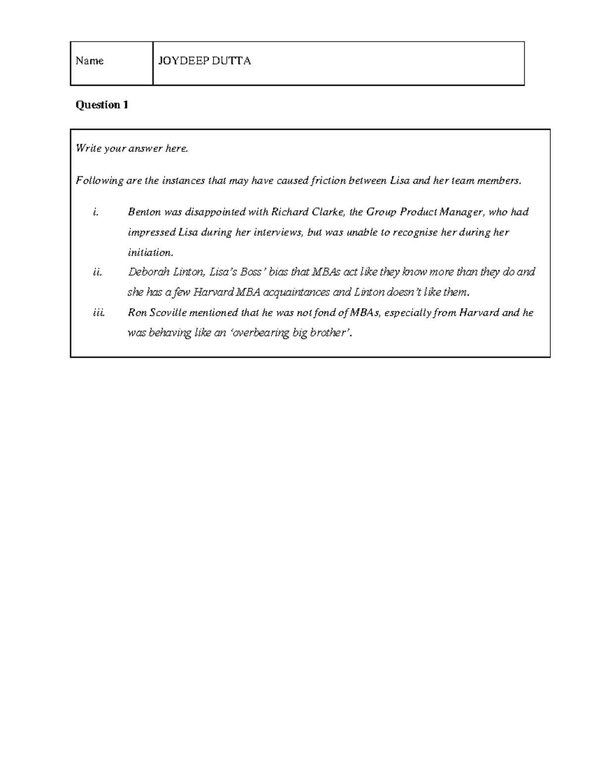 Imt Lisa Benton Joydeep Dutta Name Joydeep Dutta Question 1 Write 0084
