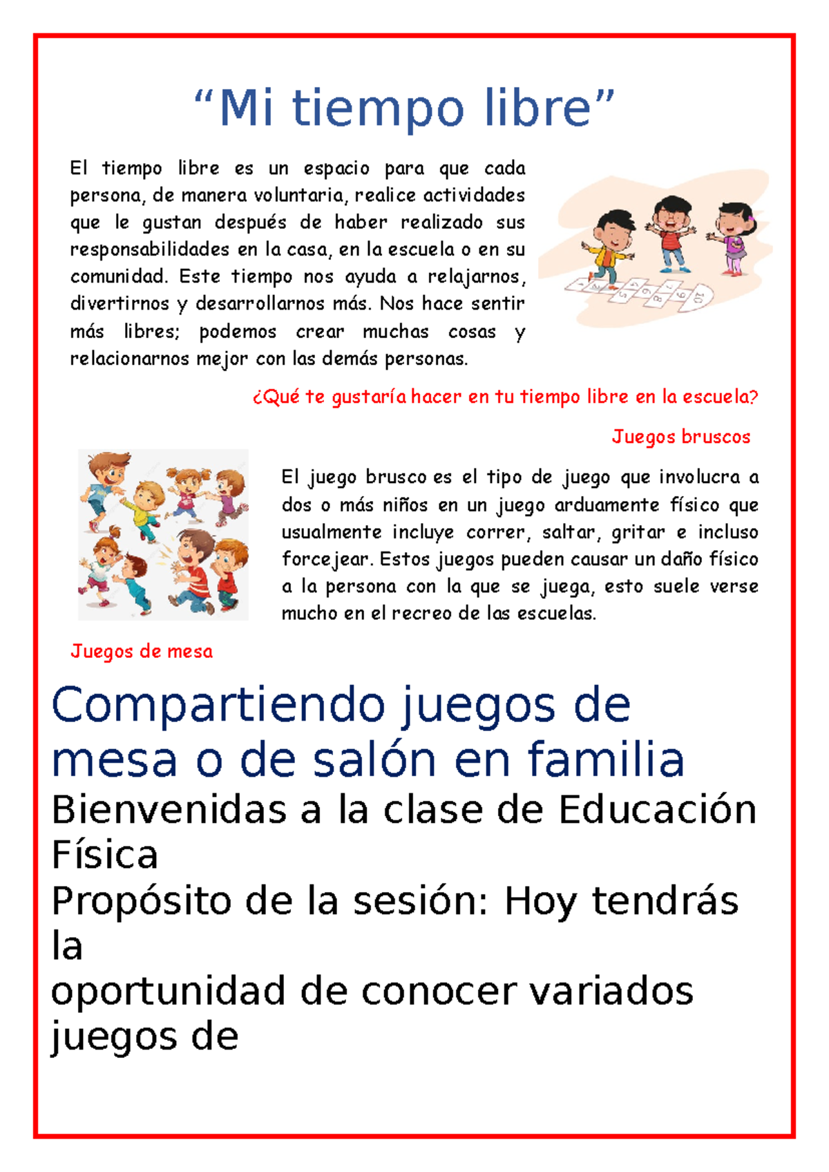 Mi tiempo libre ficha - Texto Informativo - “Mi tiempo libre” El tiempo ...