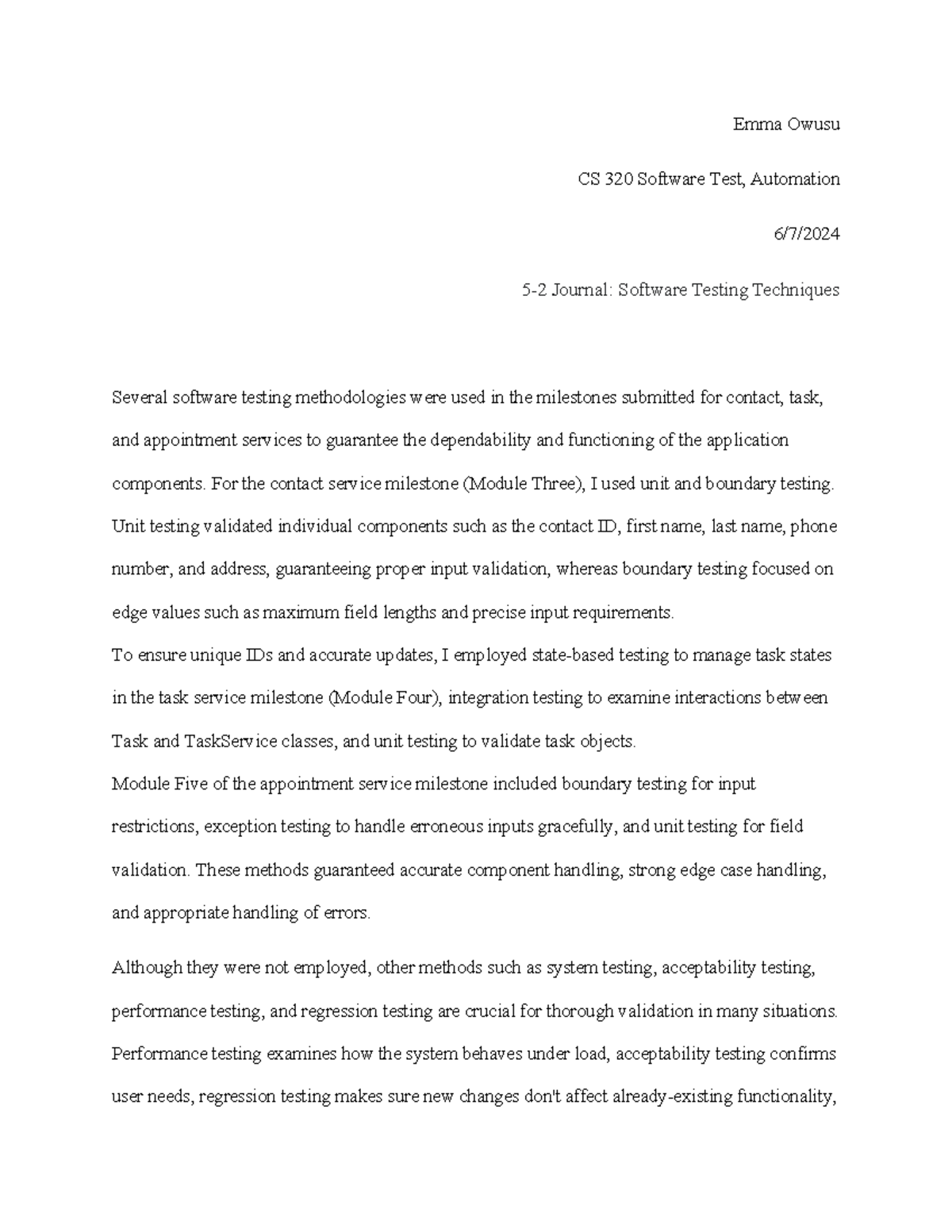 Software Testing Techniques Journal Emma Owusu Cs 320 Software Test Automation 6 7 5 2