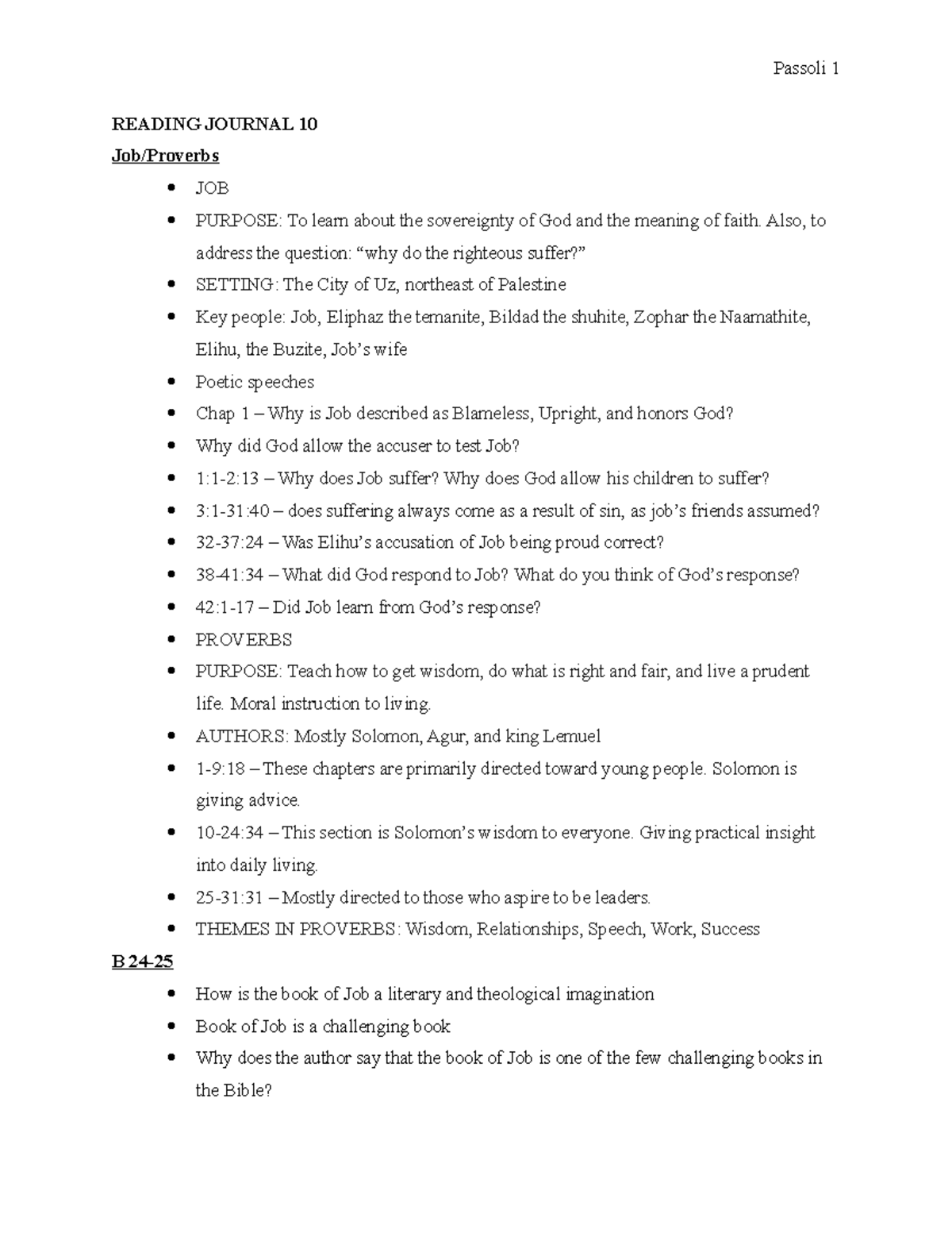 Reading Journal 10 - N/A - Passoli 1 READING JOURNAL 10 Job/Proverbs ...