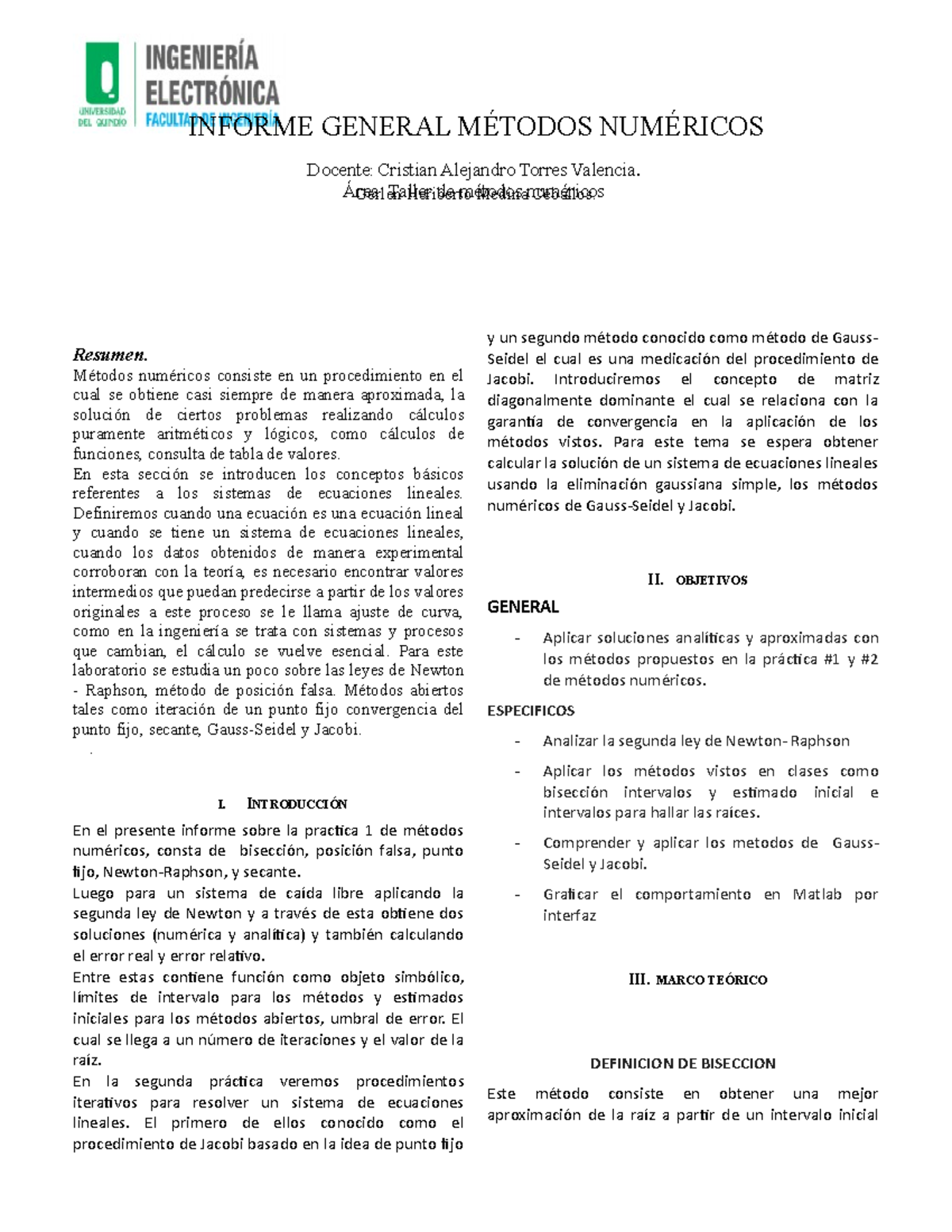 Informe(Métodos Numéricos) - Resumen. Métodos numéricos consiste en un procedimiento en el cual ...