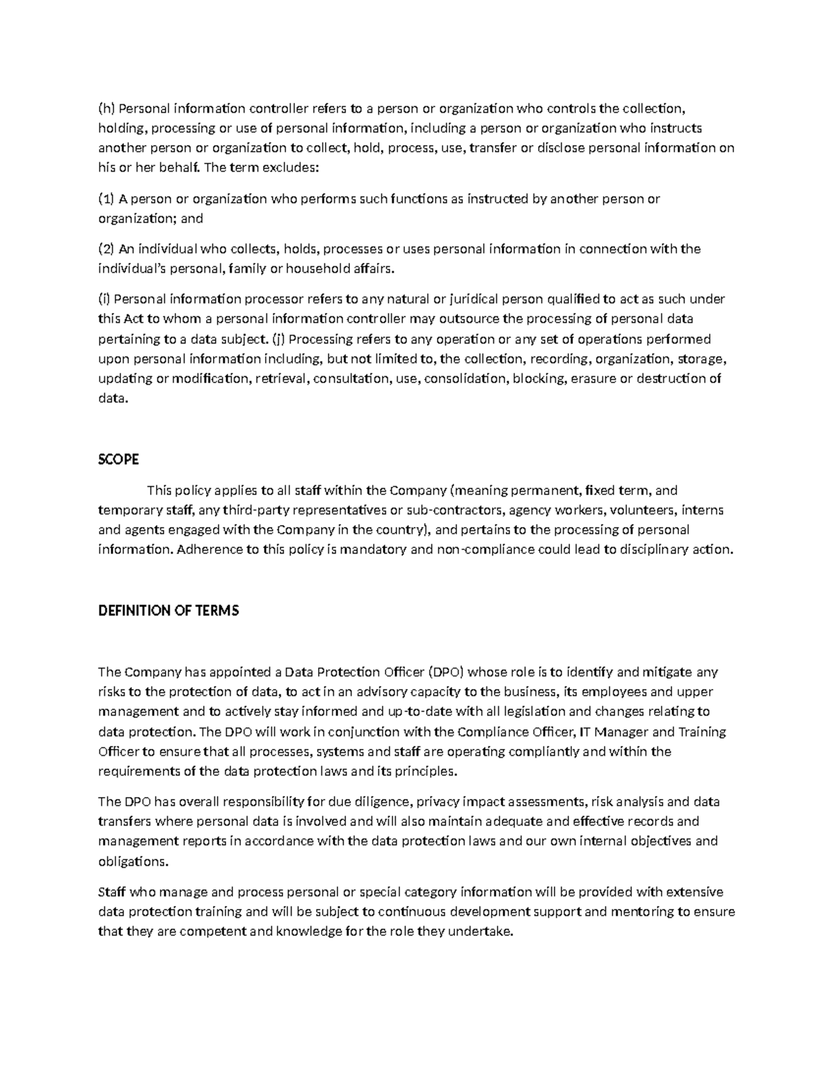 Data Protection - (h) Personal information controller refers to a ...