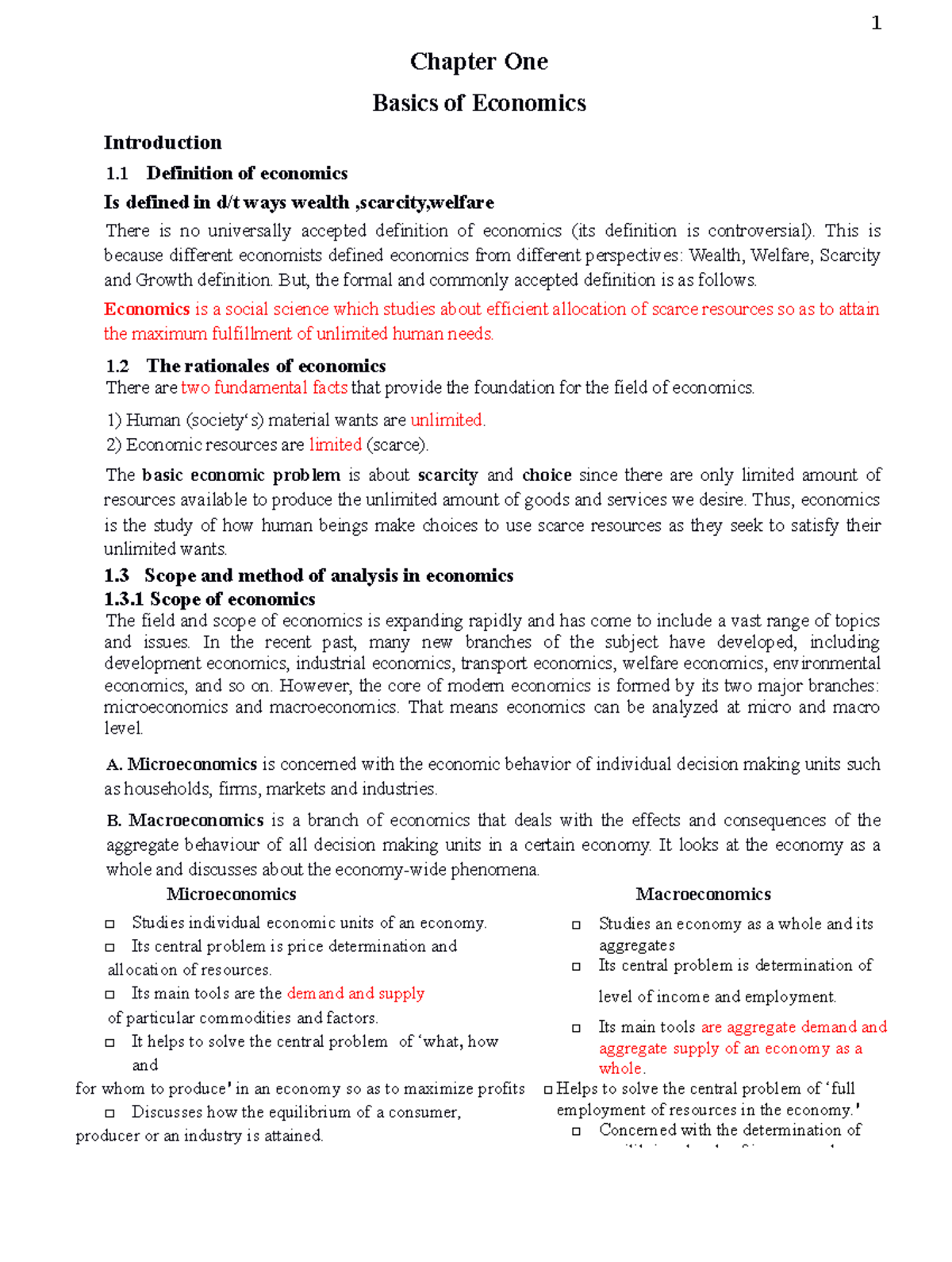 Chp 1 economics 2023 - its mandatory - Chapter One Basics of Economics ...