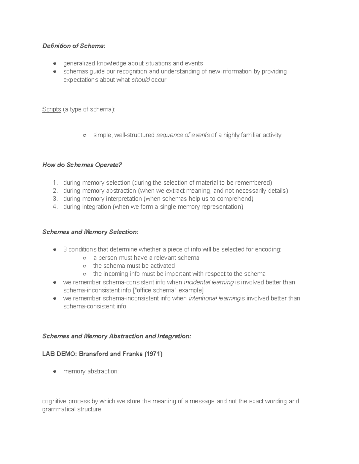psych 101 class lecture notes - Definition of Schema: generalized ...