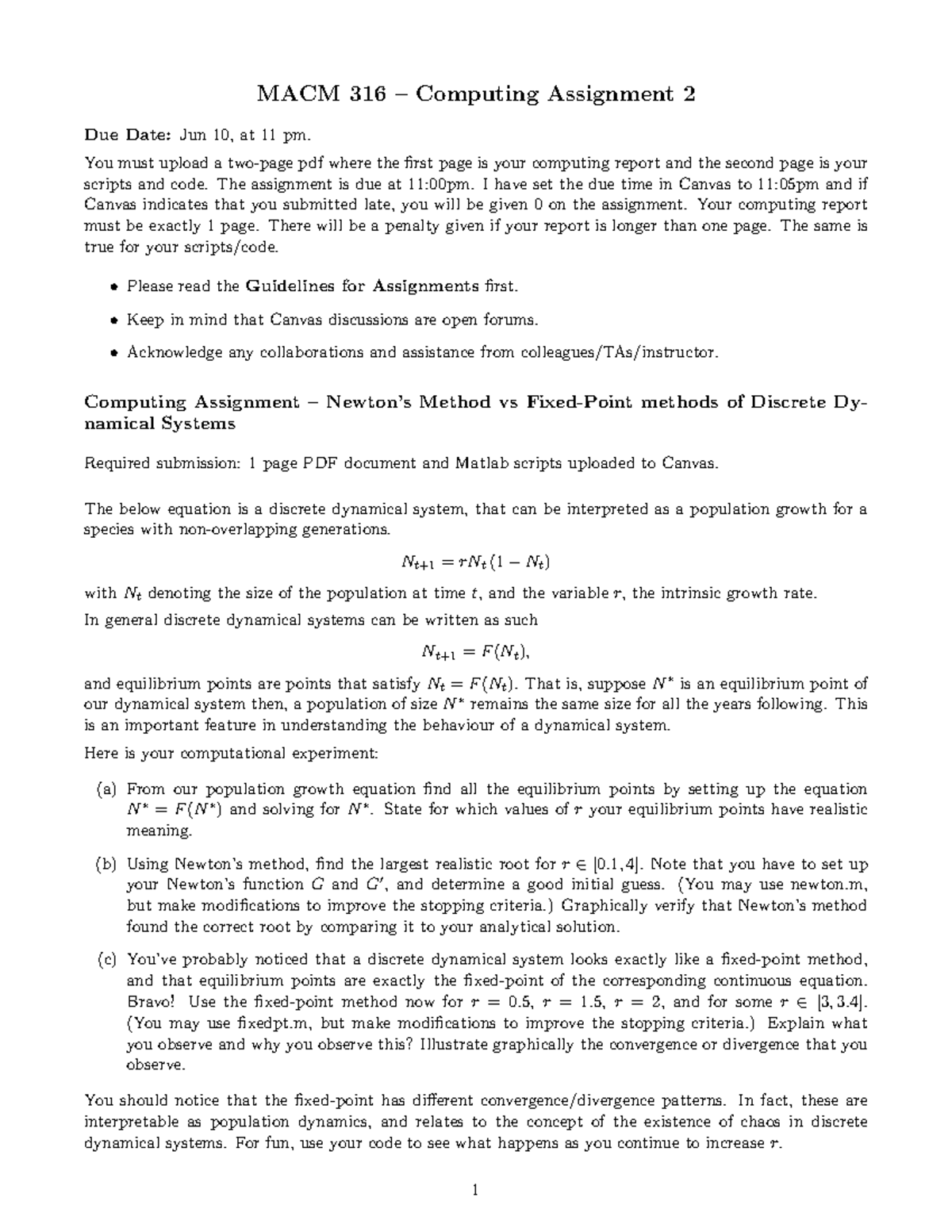Macm 316 Computing Assignment 2 Newtons Method And Dynamics Macm 316 Computing Assignment
