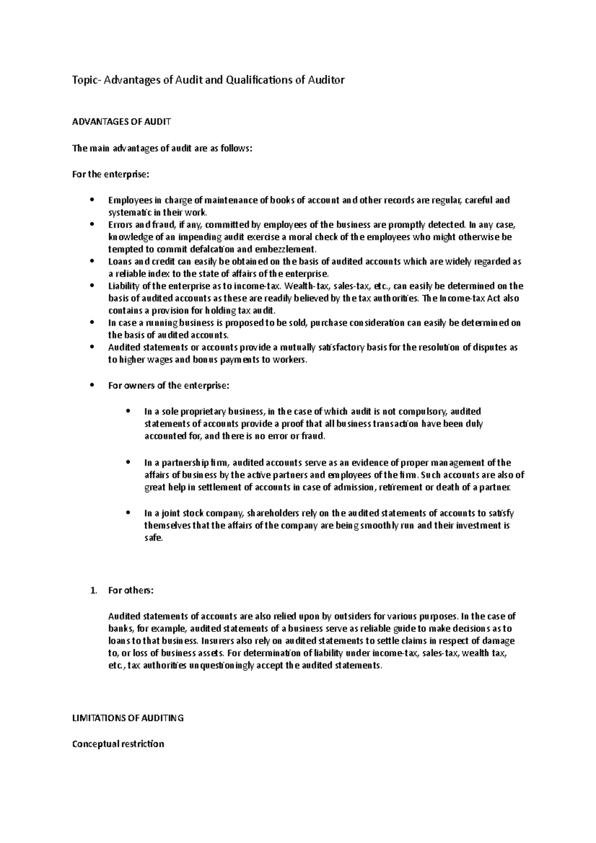 Topic- Advantages of Audit and Qualifications of Auditor - Errors and ...