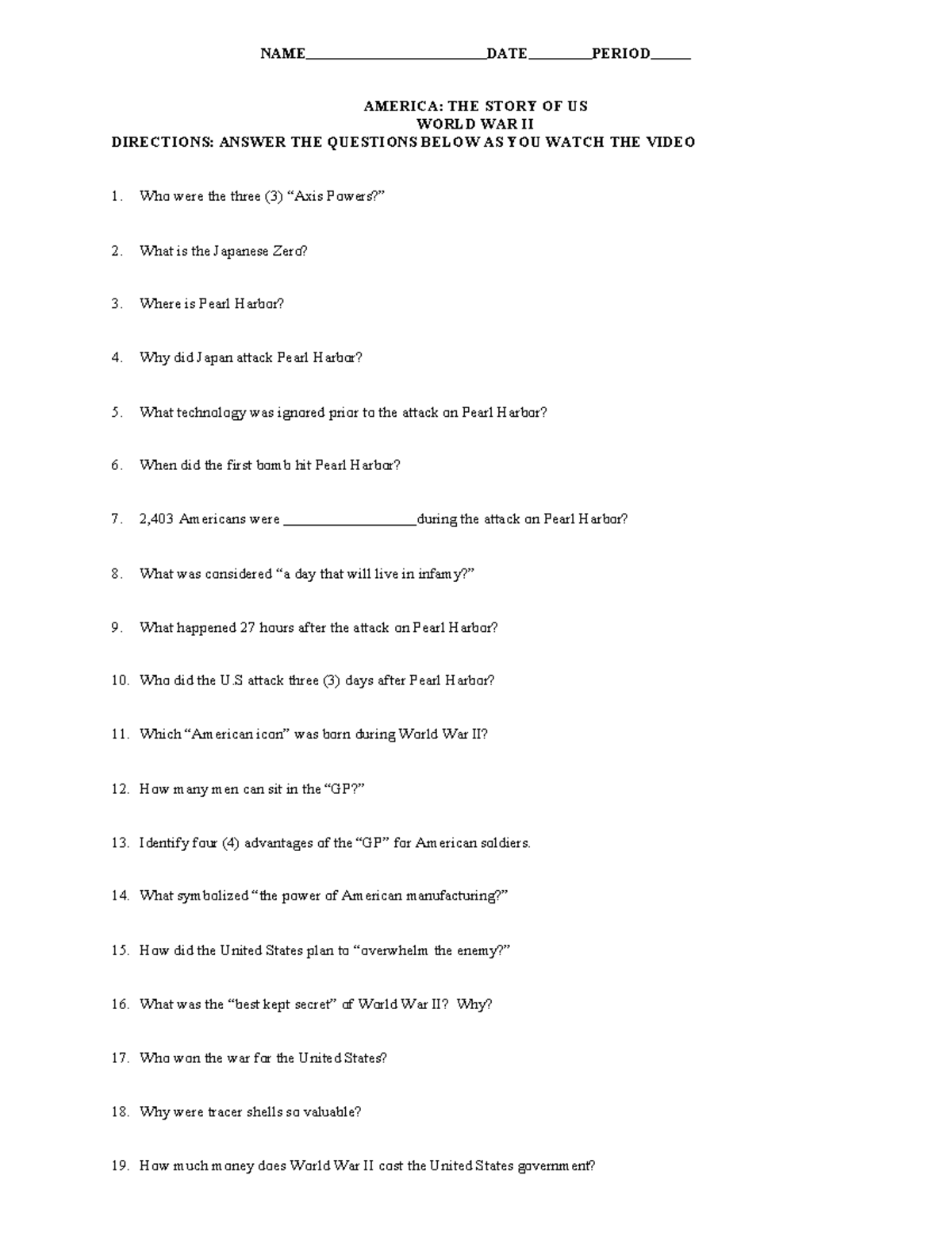 America- Story OF US- World WAR II-1 - NAME DATE PERIOD AMERICA: THE ...