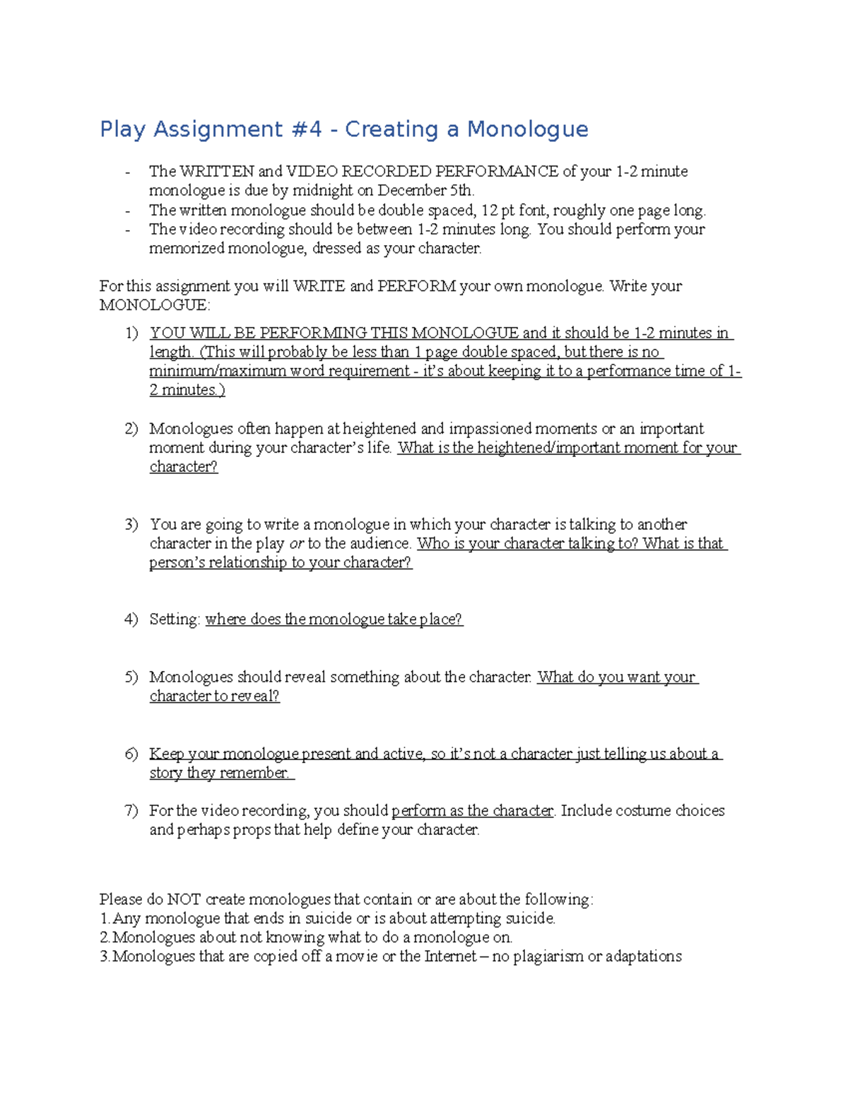 Play Assignment #4 Monologue - Play Assignment #4 - Creating a ...