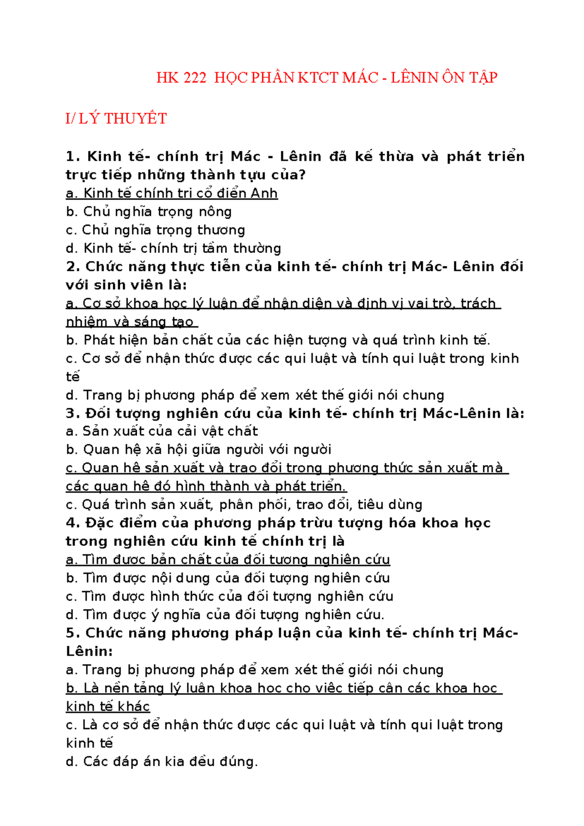 ĐÁP ÁN BỘ CÂU HỎI ÔN TẬP KTCT HK 222 - HK 222 HỌC PHẦN KTCT MÁC - LÊNIN ÔN TẬP I/ LÝ THUYẾT Kinh ...