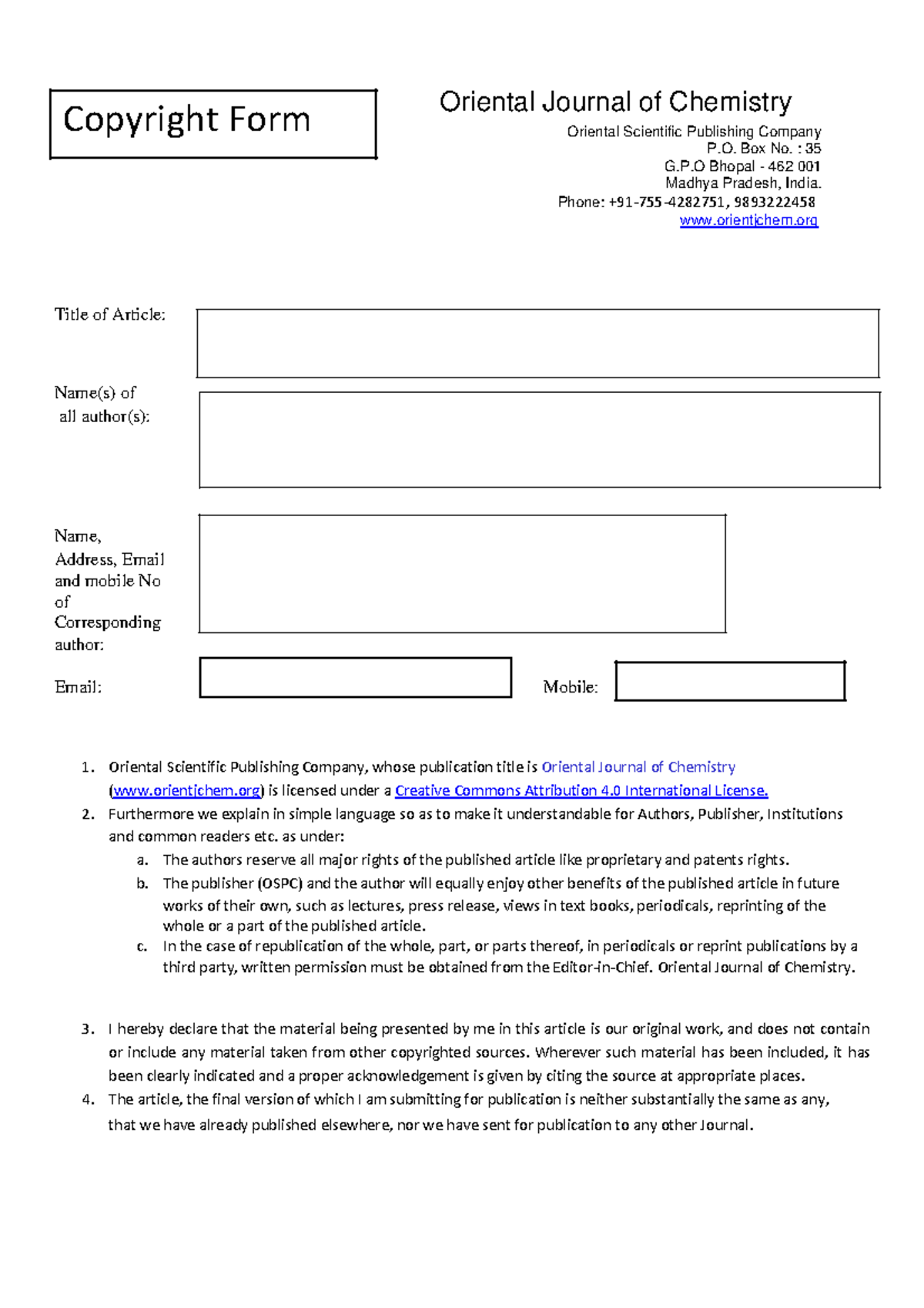 OJC Copy right form - Copyright Form Oriental Journal of Chemistry ...