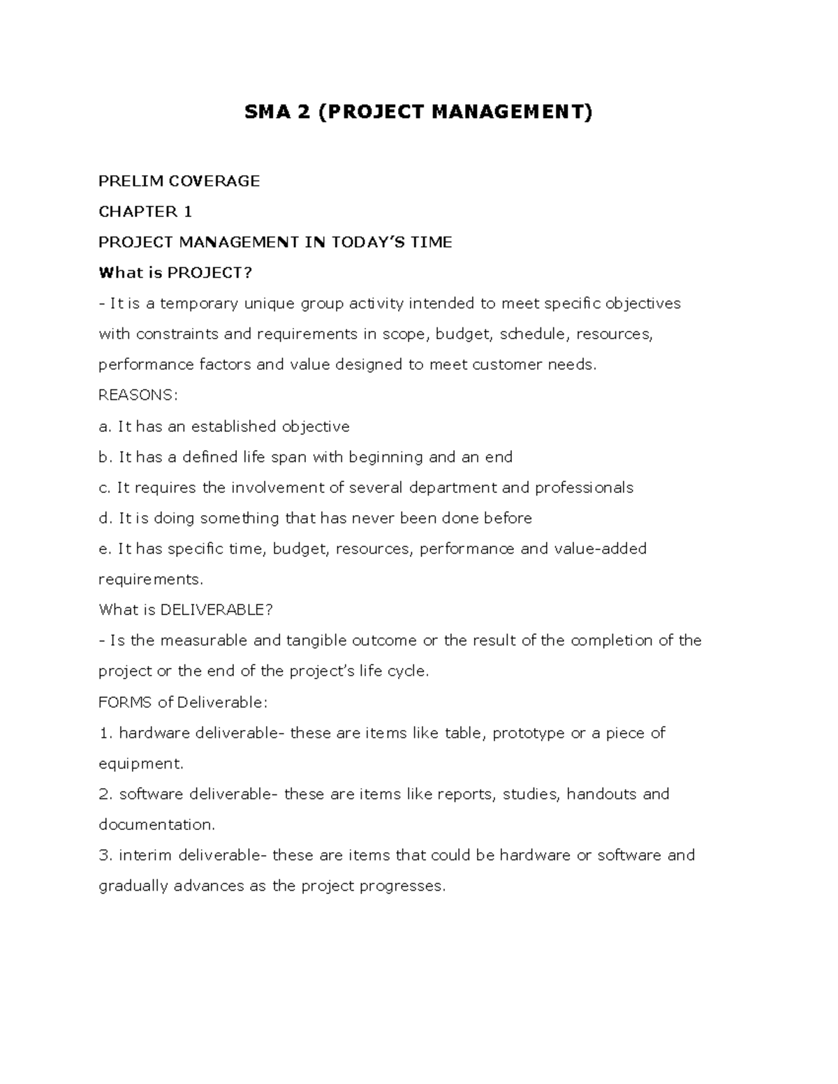 Introduction to Project Management - SMA 2 (PROJECT MANAGEMENT) PRELIM ...