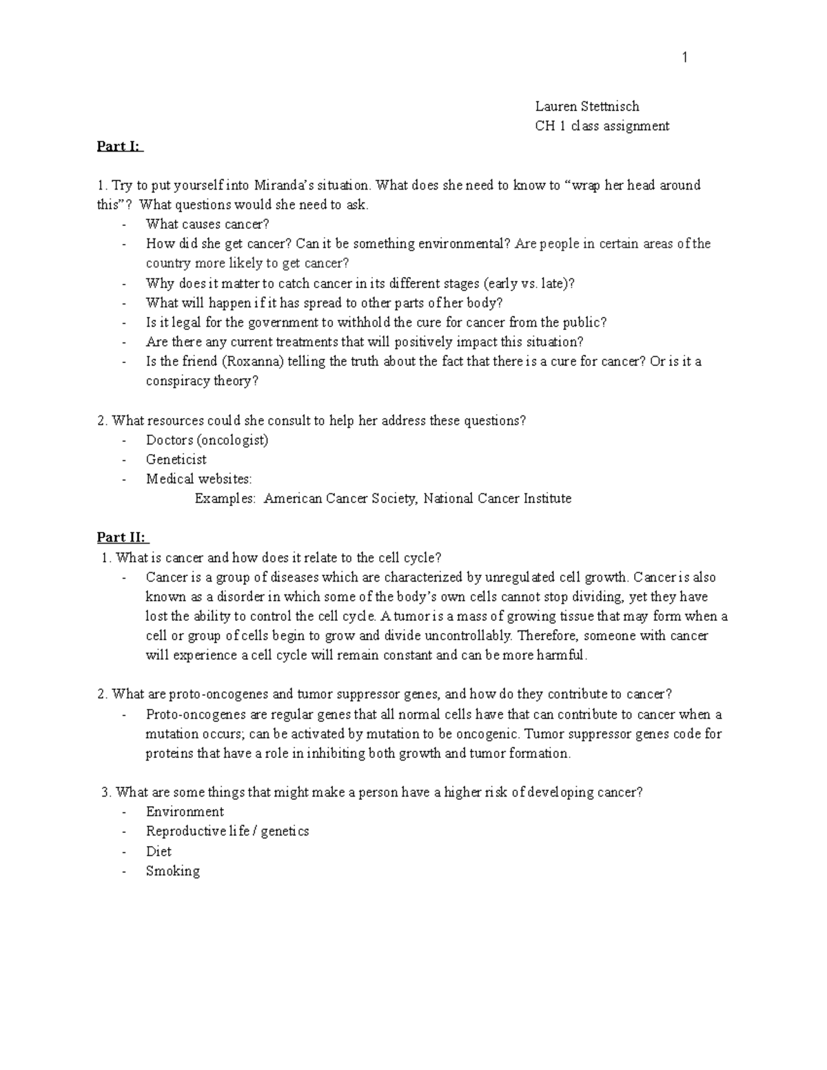 Bio of cancer assignment 1 - Lauren Stettnisch CH 1 class assignment ...