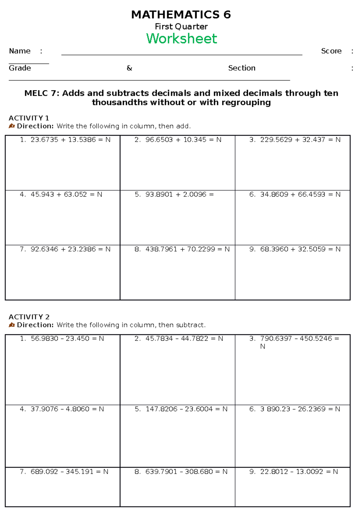AS-MATH6-4 - Decimals - MATHEMATICS 6 First Quarter Worksheet Name ...
