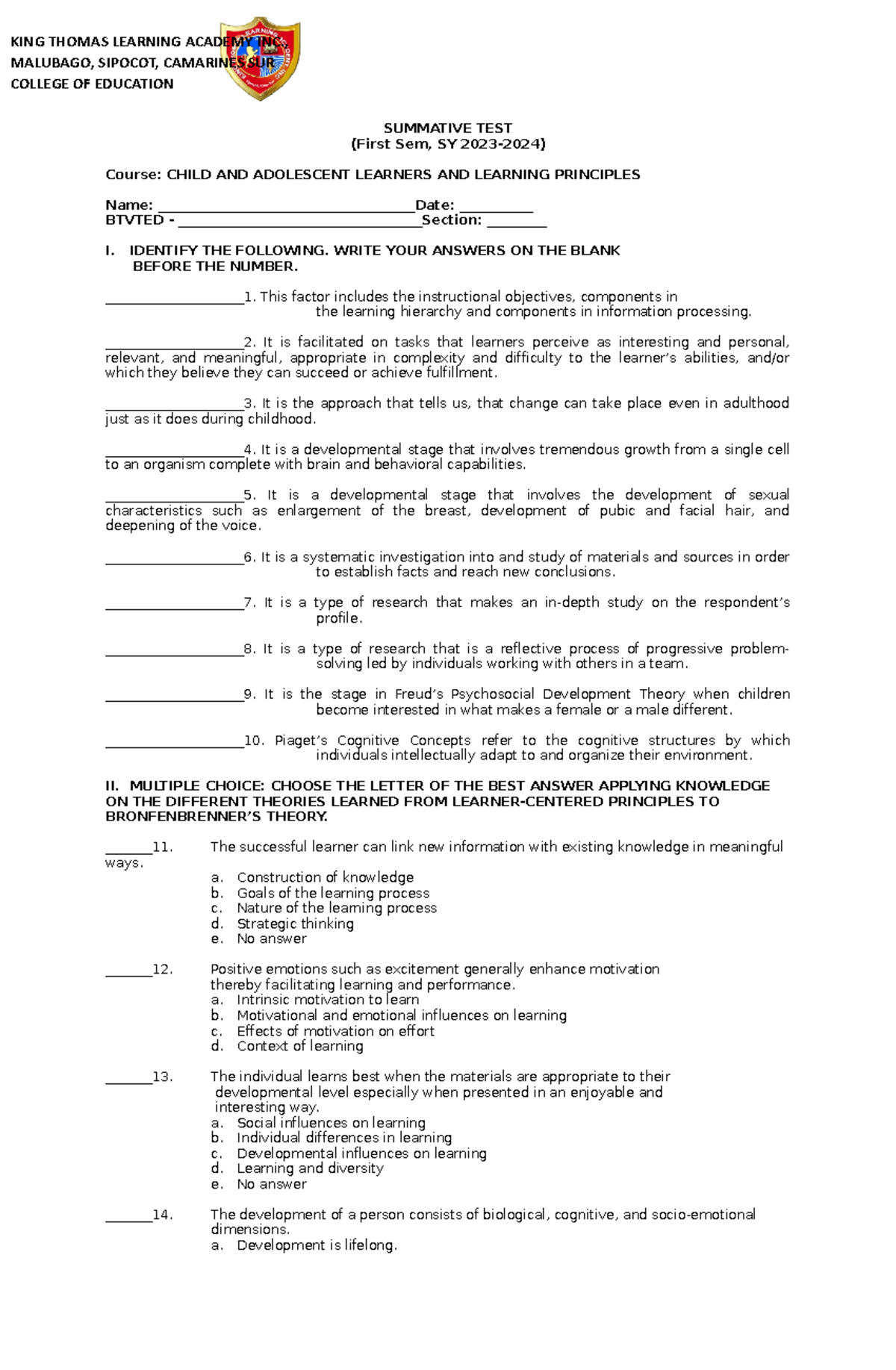 Summative TEST - SUMMATIVE TEST (First Sem, SY 2023-2024) Course: CHILD ...