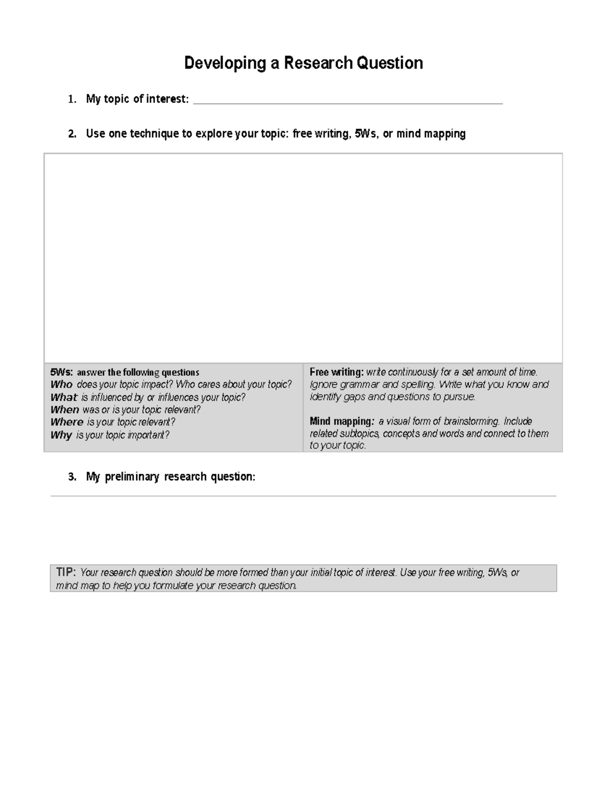 Developing a Research Question (fillable) - Developing a Research ...