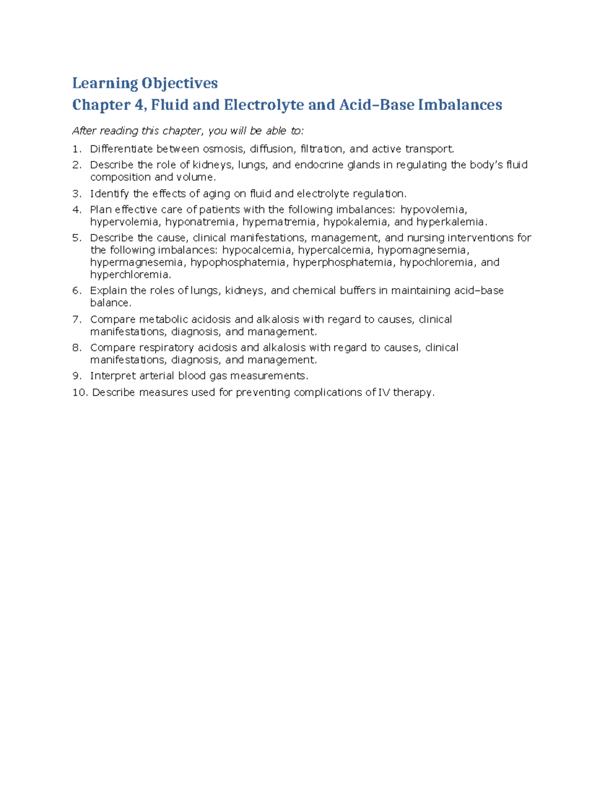 LO Chapter 04 - Work - Learning Objectives Chapter 4, Fluid and Electrolyte and Acid–Base ...