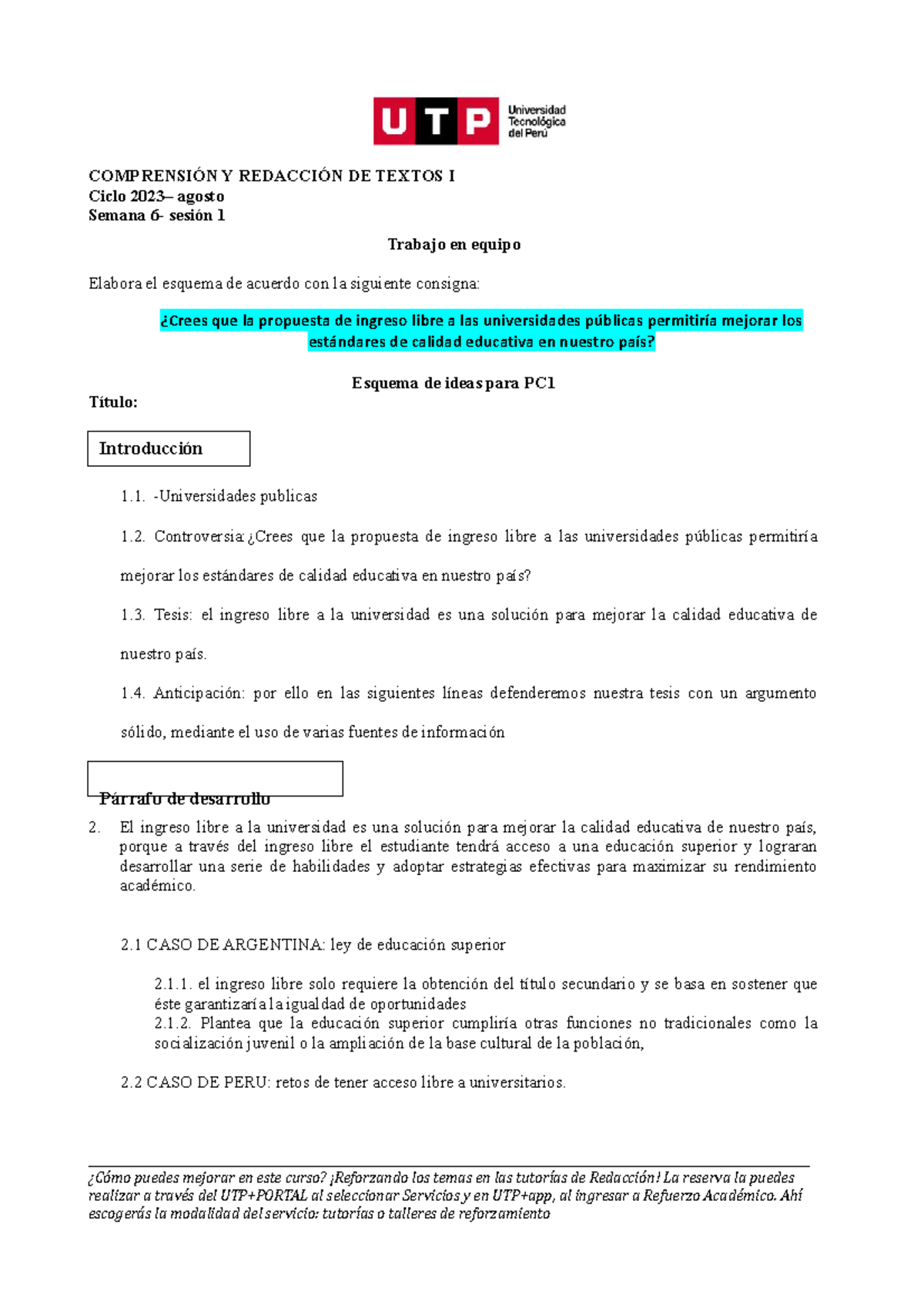 PC 01 - vavavavava - COMPRENSIÓN Y REDACCIÓN DE TEXTOS I Ciclo 2023 ...