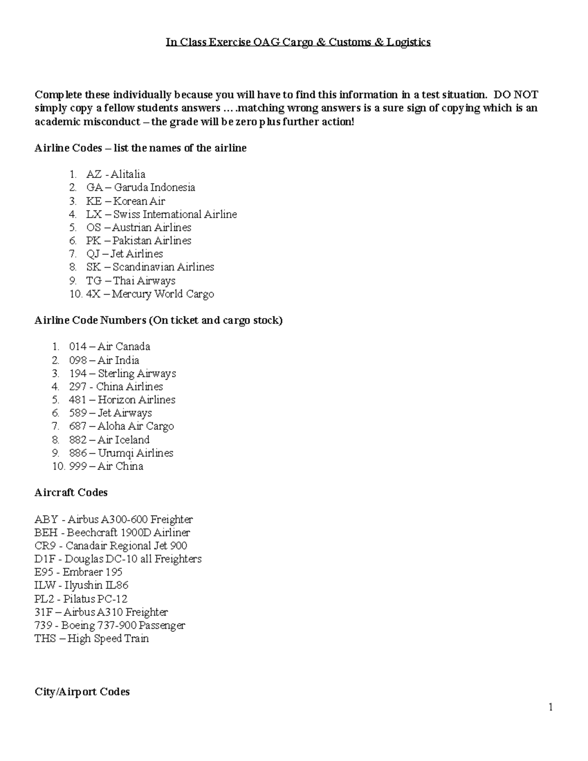 Completed OAG Codes Exercise 2020 Intro To OAG Airport Airline