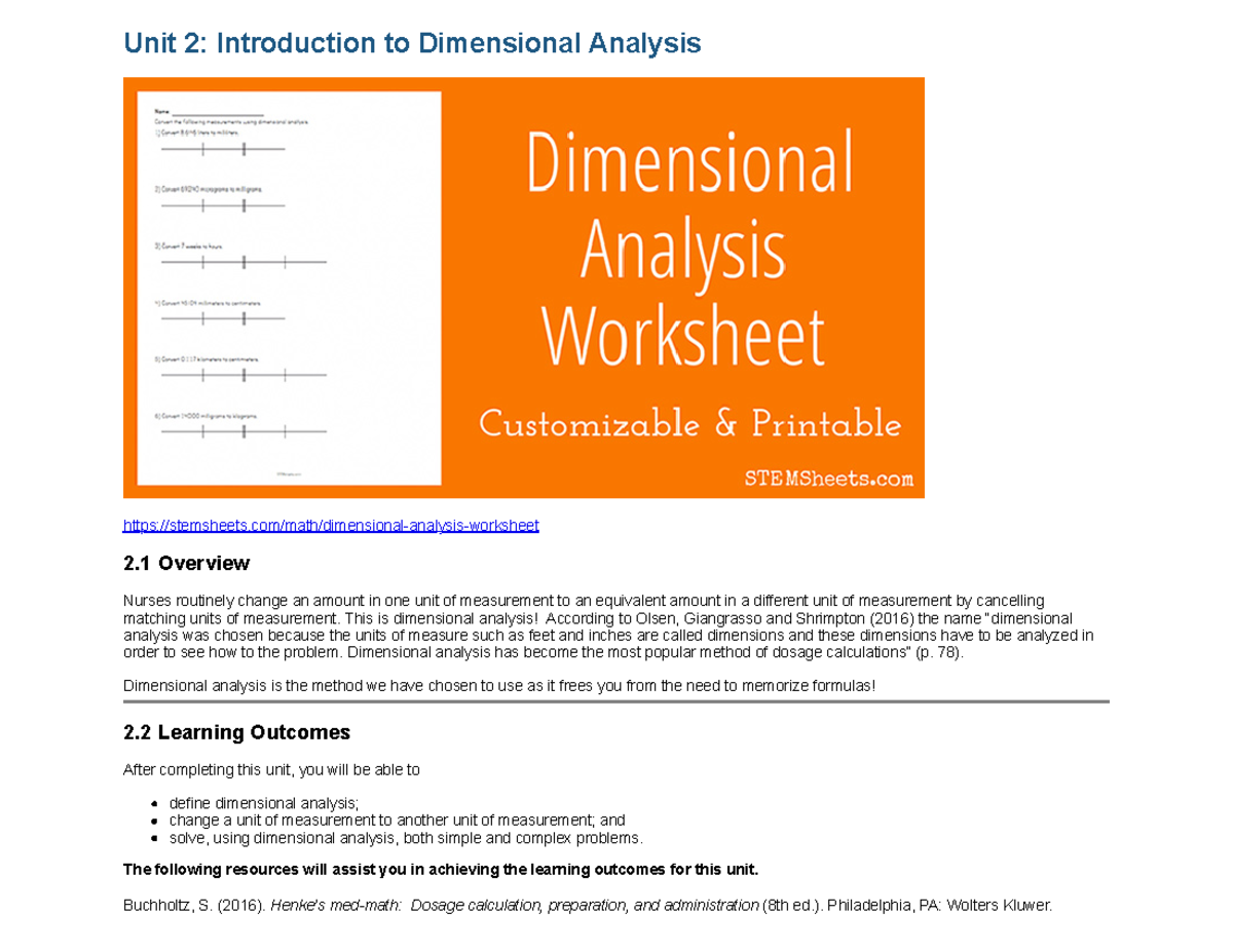 Unit 2 - course summary - Unit 2: Introduction to Dimensional Analysis ...