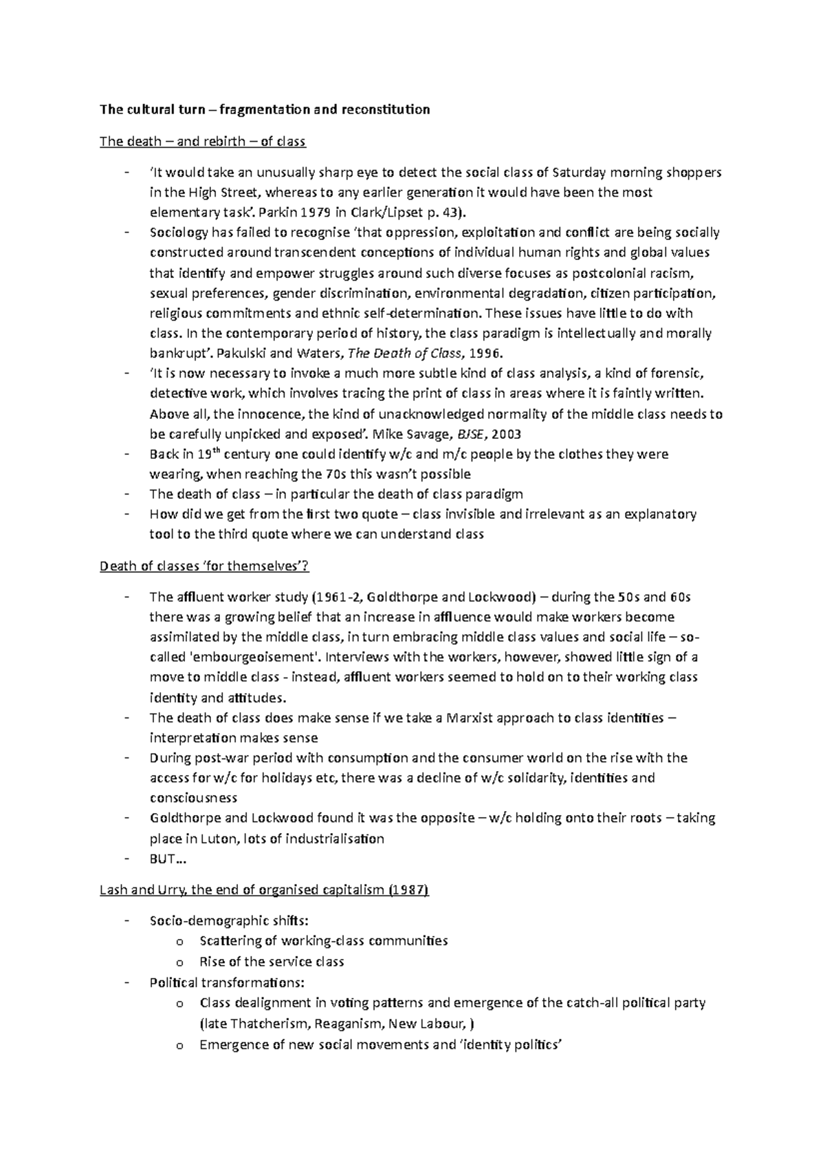 Lecture 9 The cultural turn - The cultural turn – fragmentation and ...