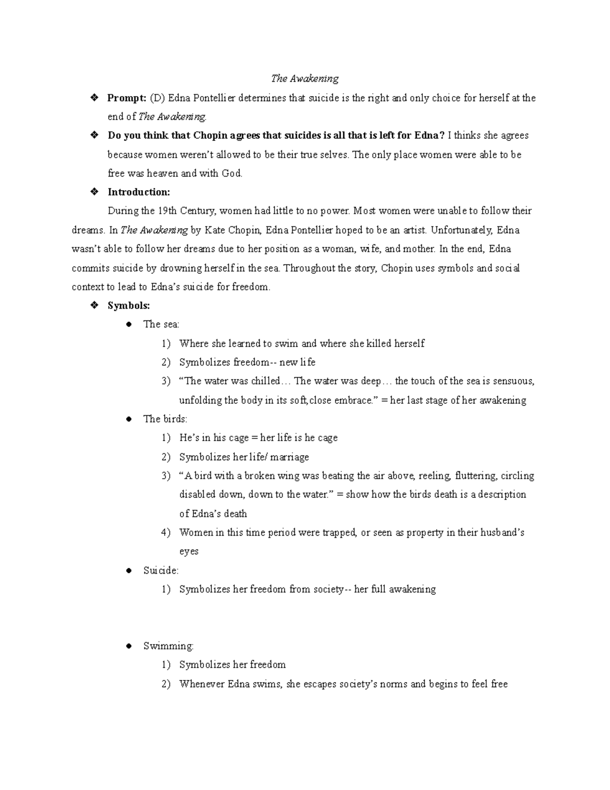 2021- Intro to Literature- Assignment - The Awakening Prompt: (D) Edna ...