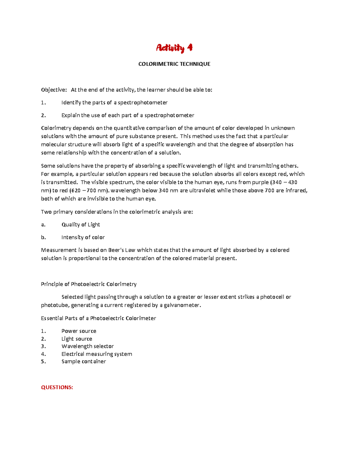 Clinical Chemistry 2 Lab Activity Colorimetric Technique Activity 4 Colorimetric Technique