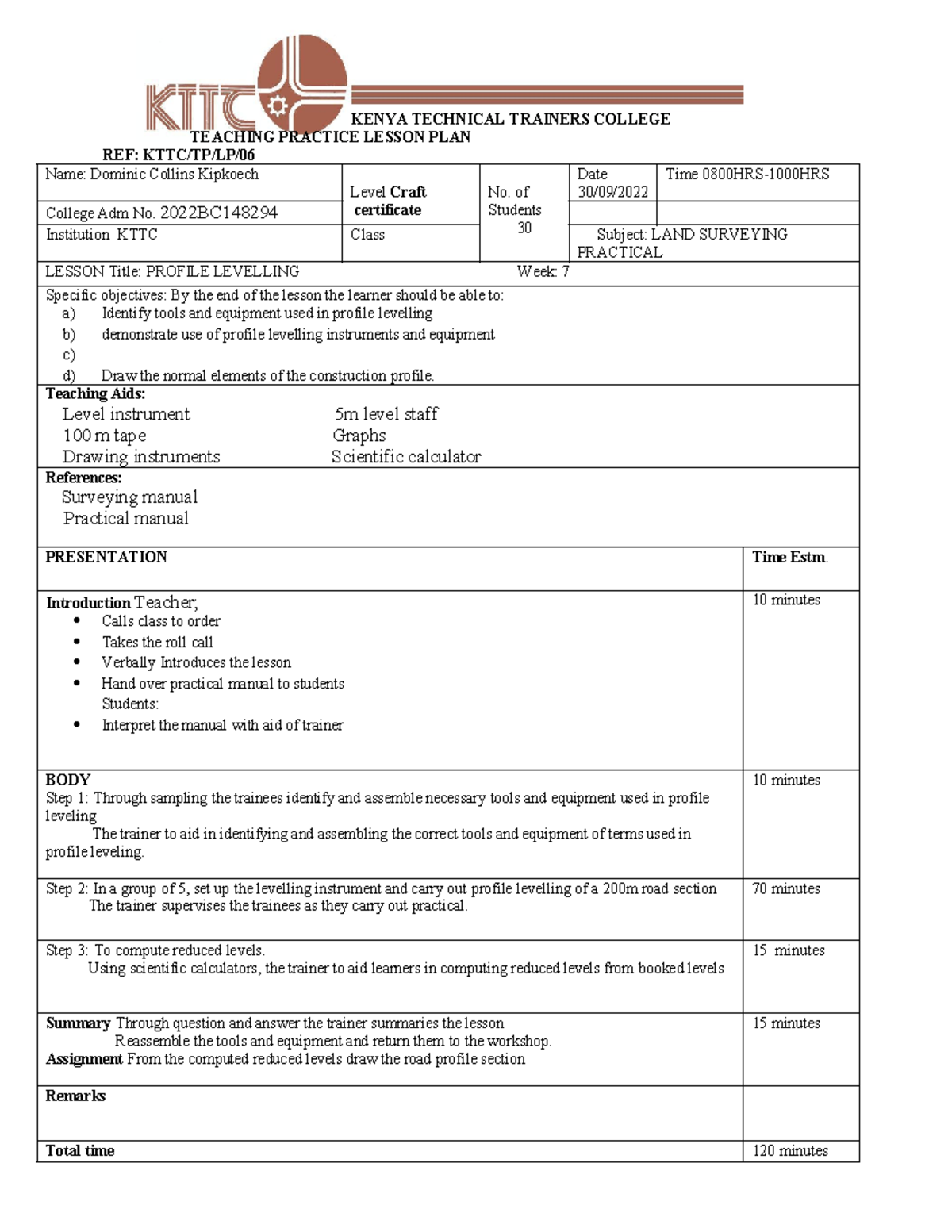 Lesson plan final - GREAT - KENYA TECHNICAL TRAINERS COLLEGE TEACHING ...