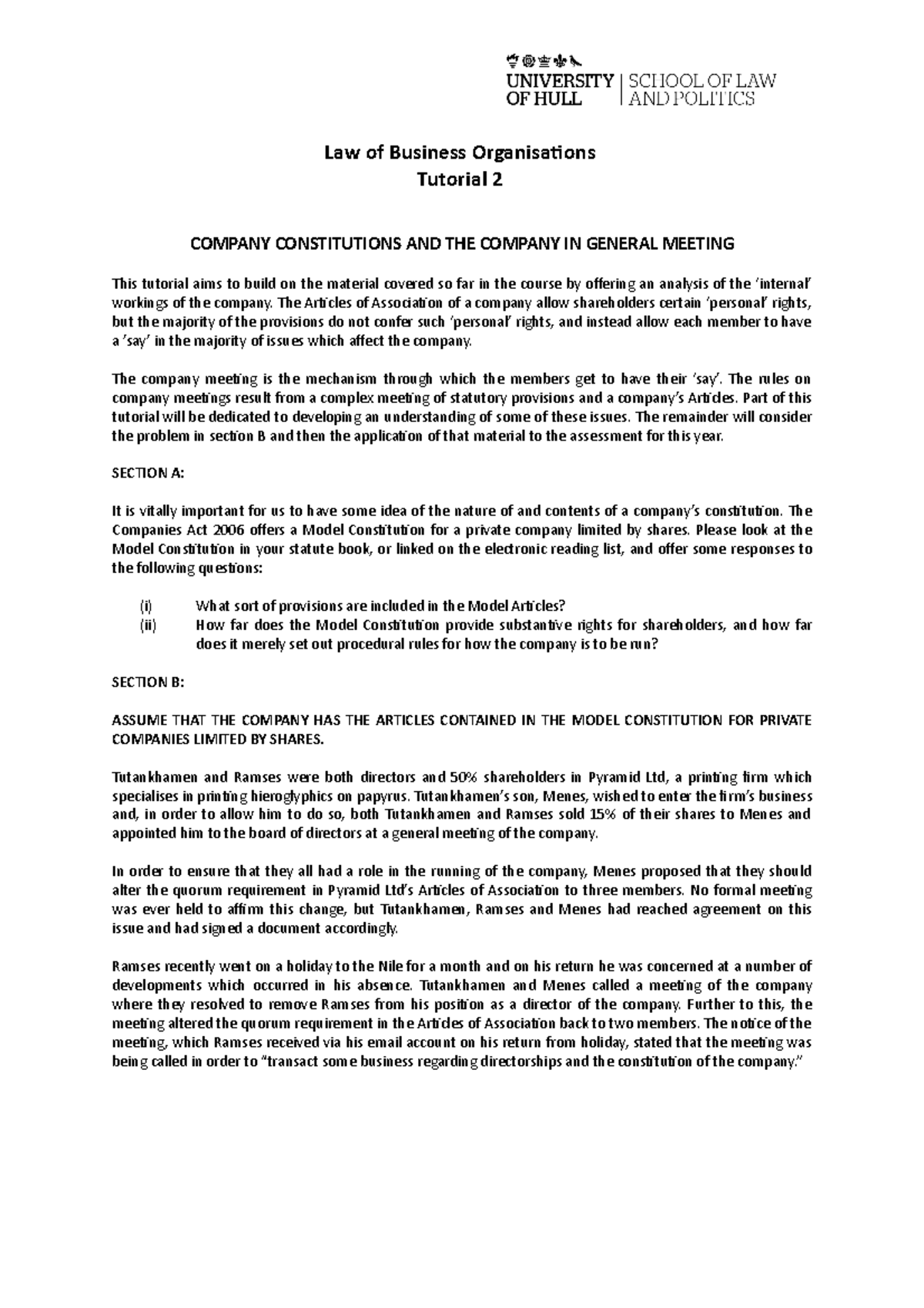 Tutorial 2 - Law of Business Organisations Tutorial 2 COMPANY ...