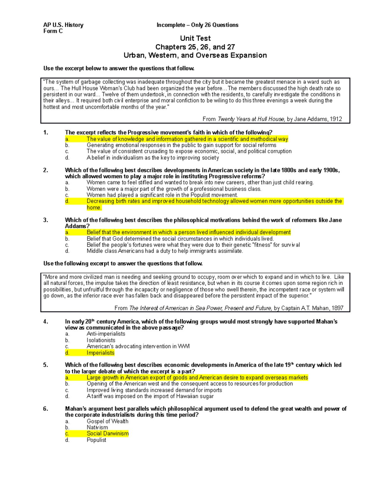 Chapters 25 to 27 (Urban, Western, and Overseas Expansion) - All New ...