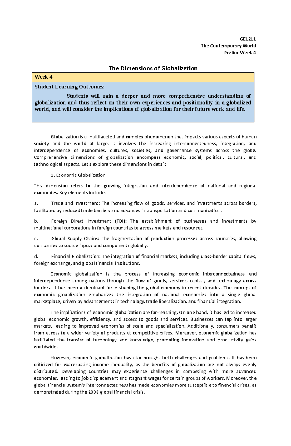 Prelim Week 4 Dimensions of Globalization - GE The Contemporary World ...